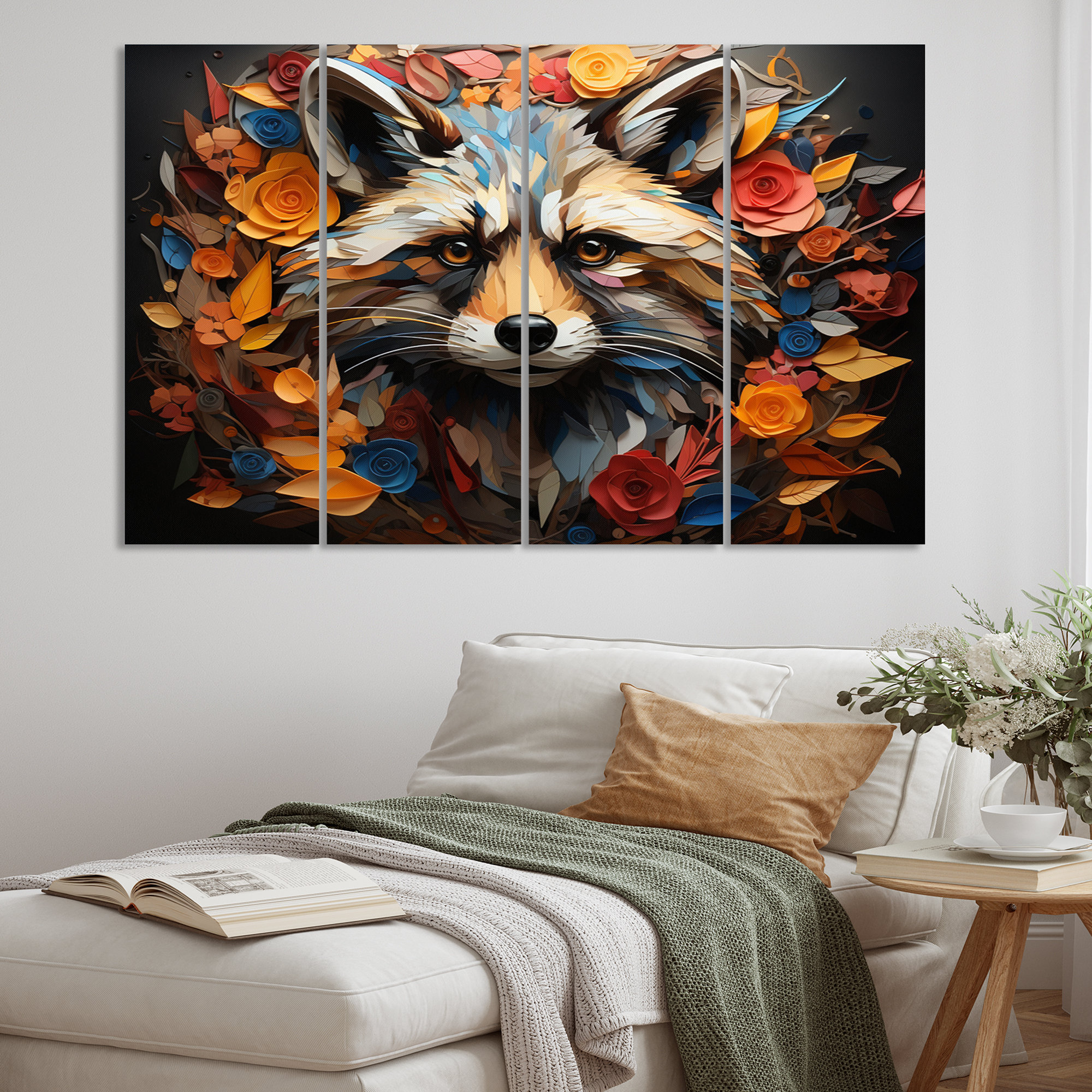 Ebern Designs Curious Raccoon Collage IV On Canvas 4 Pieces Print | Wayfair