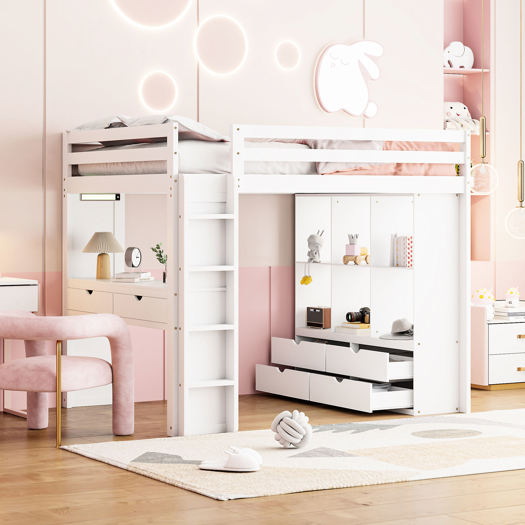 Harriet Bee Size Loft Bed With Unlimited Shelves, Desk, Led - White ...