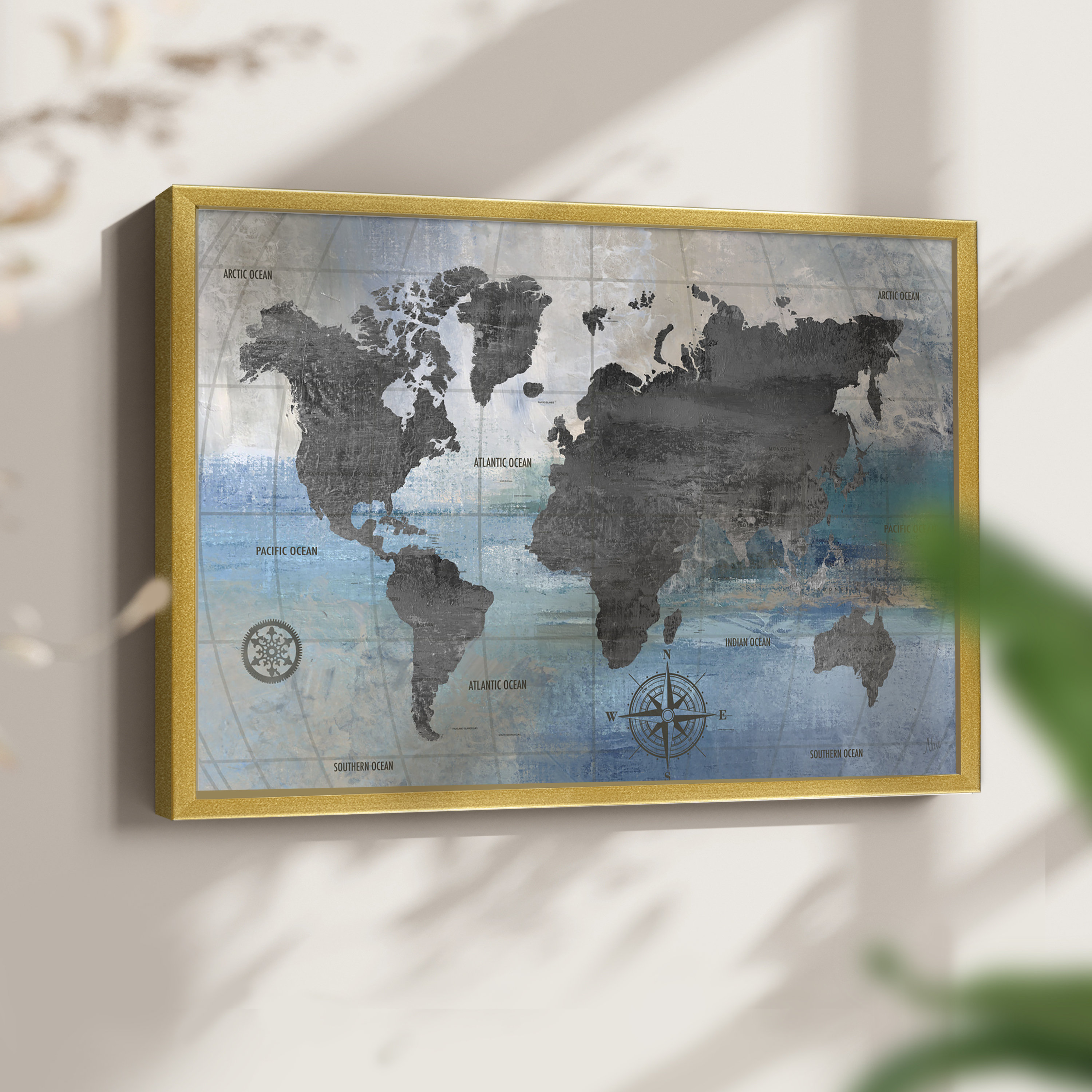 Ebern Designs World Map Blue and Gray -Framed Print - Restickable | Wayfair