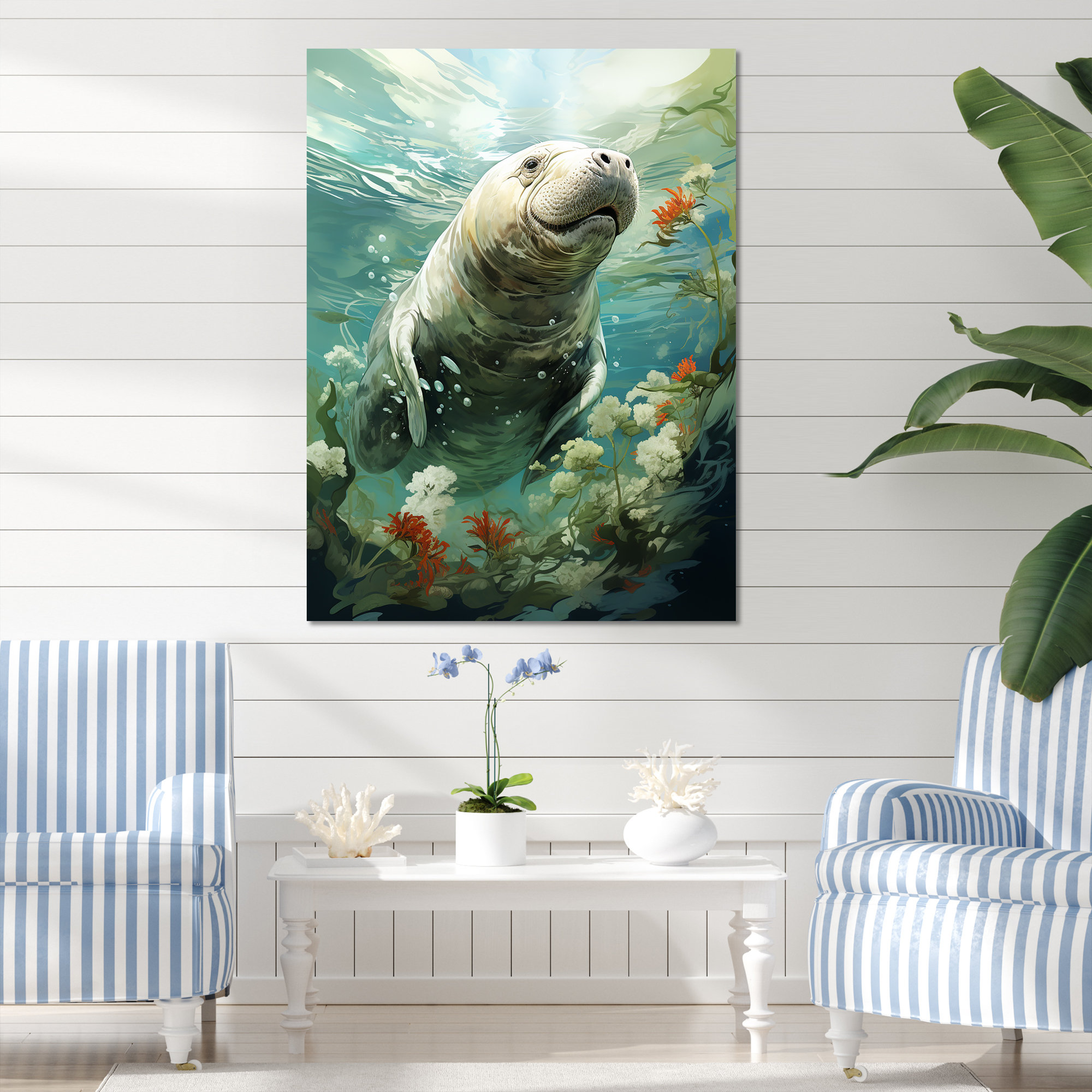Dovecove Green Manatee Grace 1 - Coastal Animal Wall Art | Wayfair