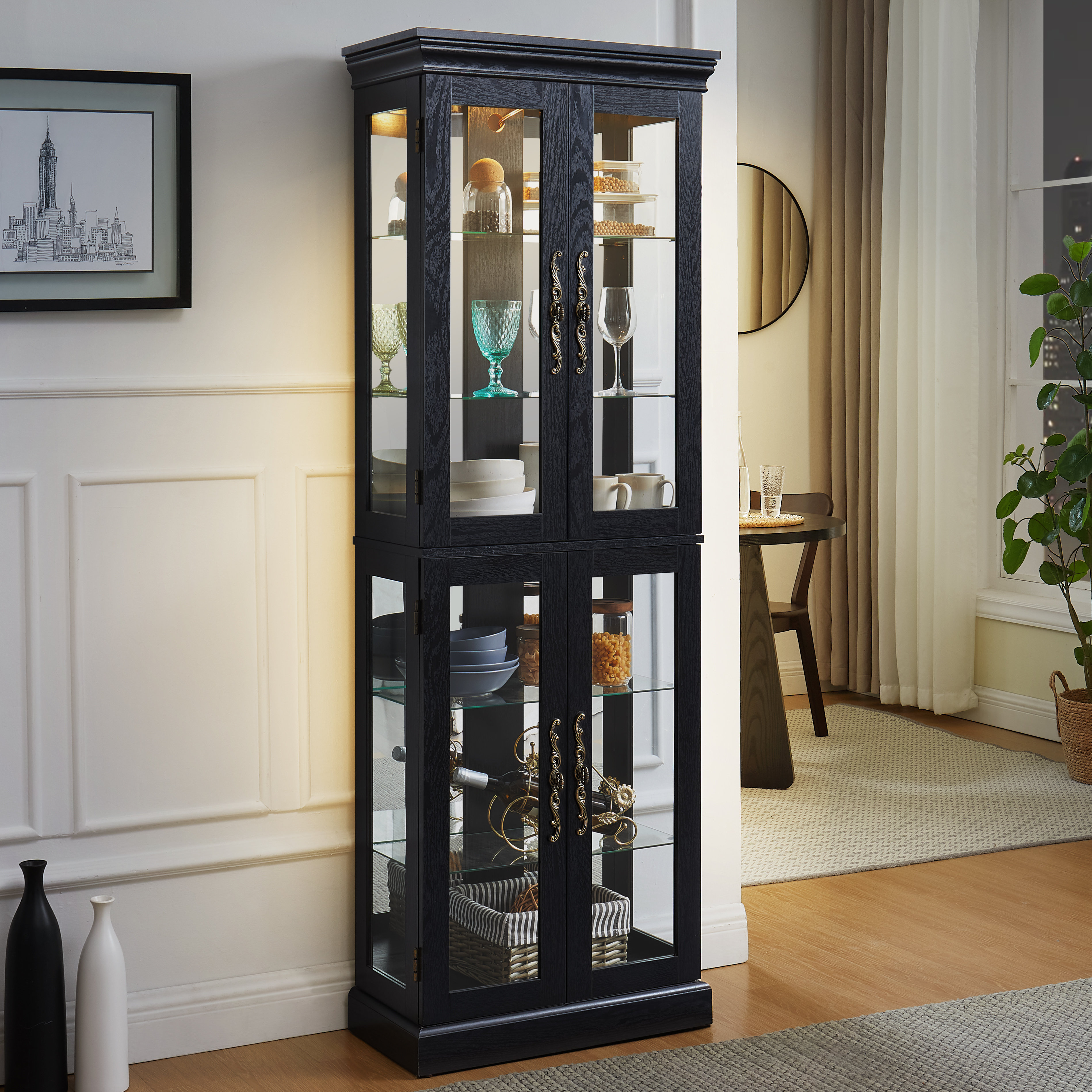 Fuzzy Muffs Elegant Lighted Glass Curio Display Cabinet - Wooden Frame ...