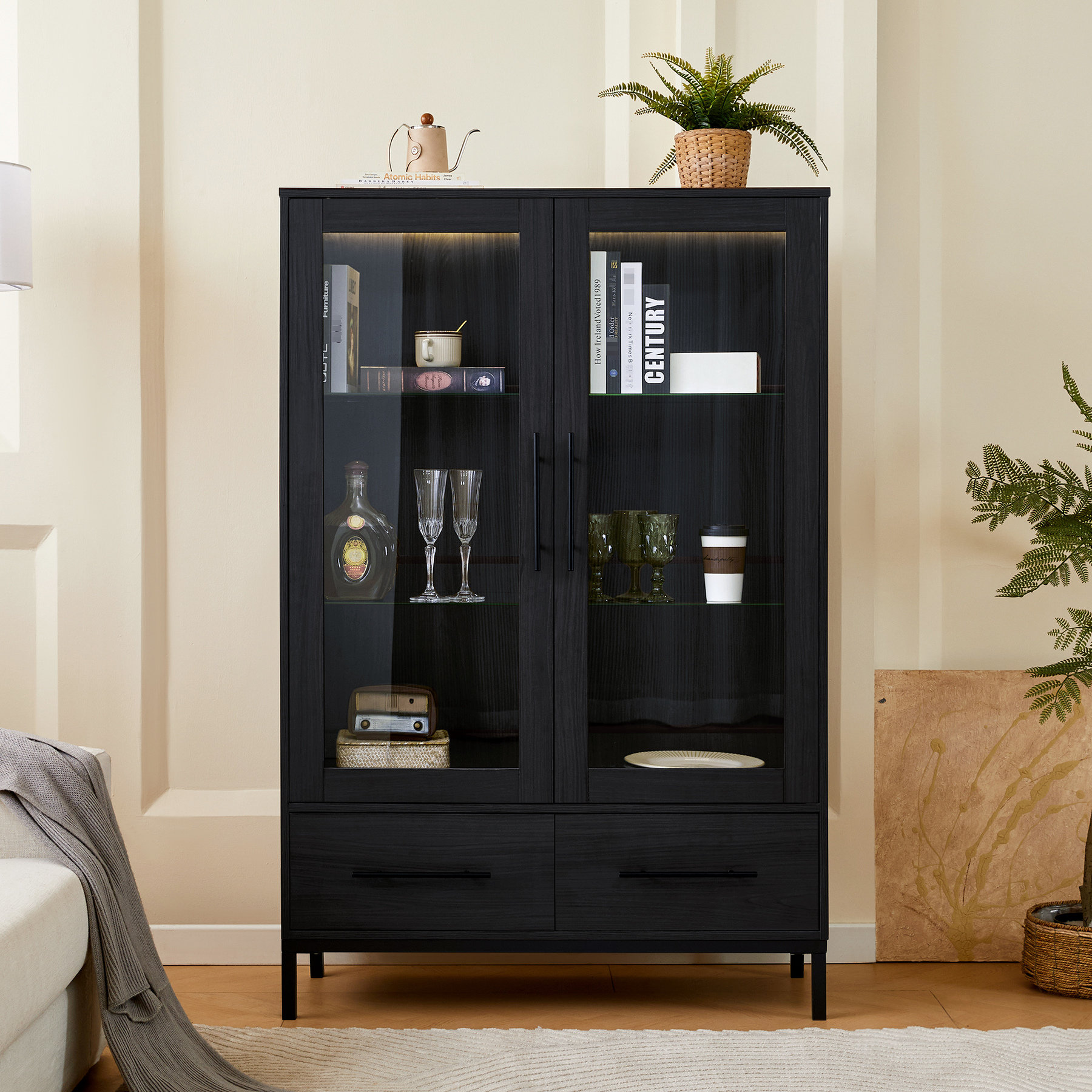 Latitude Run® Led Lit Cabinet With Two Drawers, 60'' Tall, Tempered ...
