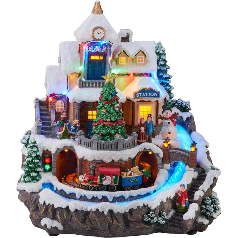 Moments in Time 13.58”H Animated Mountain Train Station (Train & Tree ...