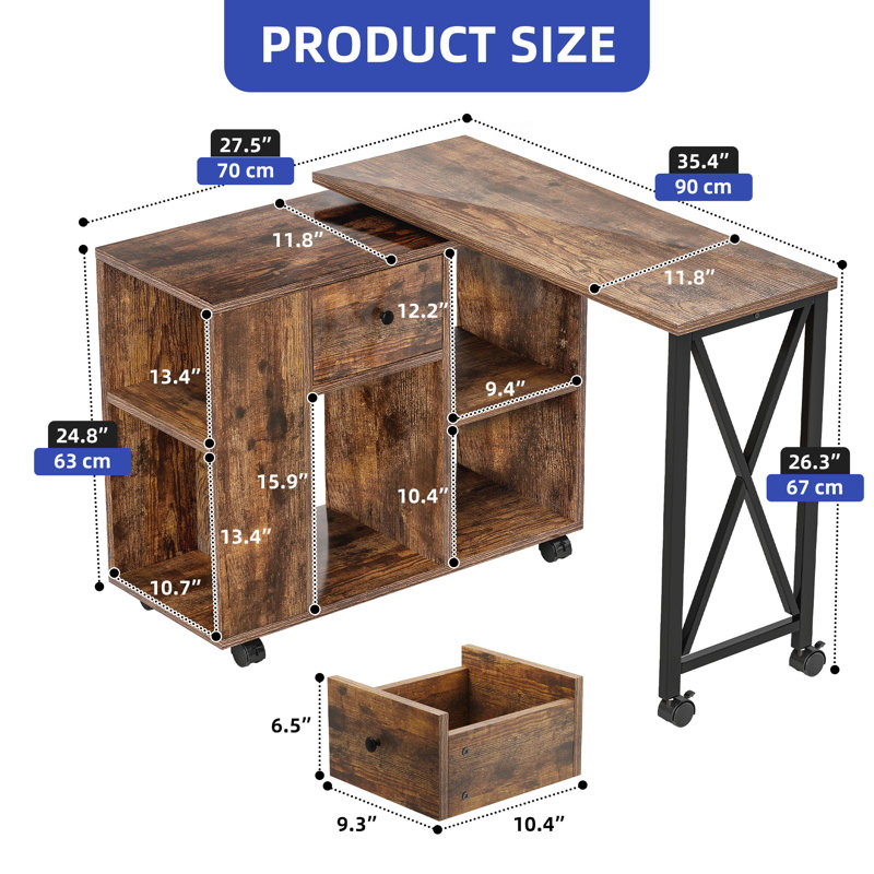 17 Stories Rotating L-Shaped Writing Desk With Drawer & Storage Shelves ...