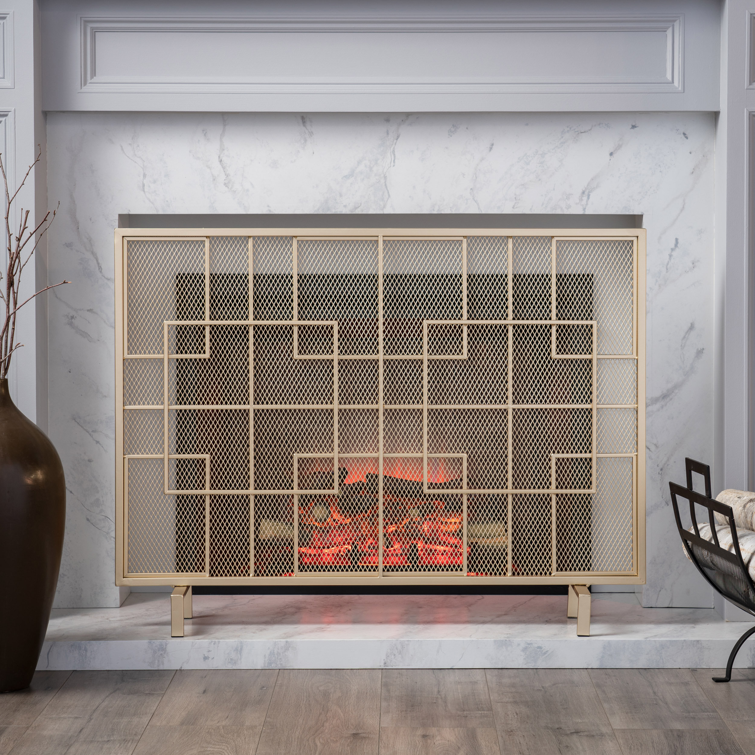 Everly Quinn Modern Fireplace Screen, Geometric Single-Panel Design ...
