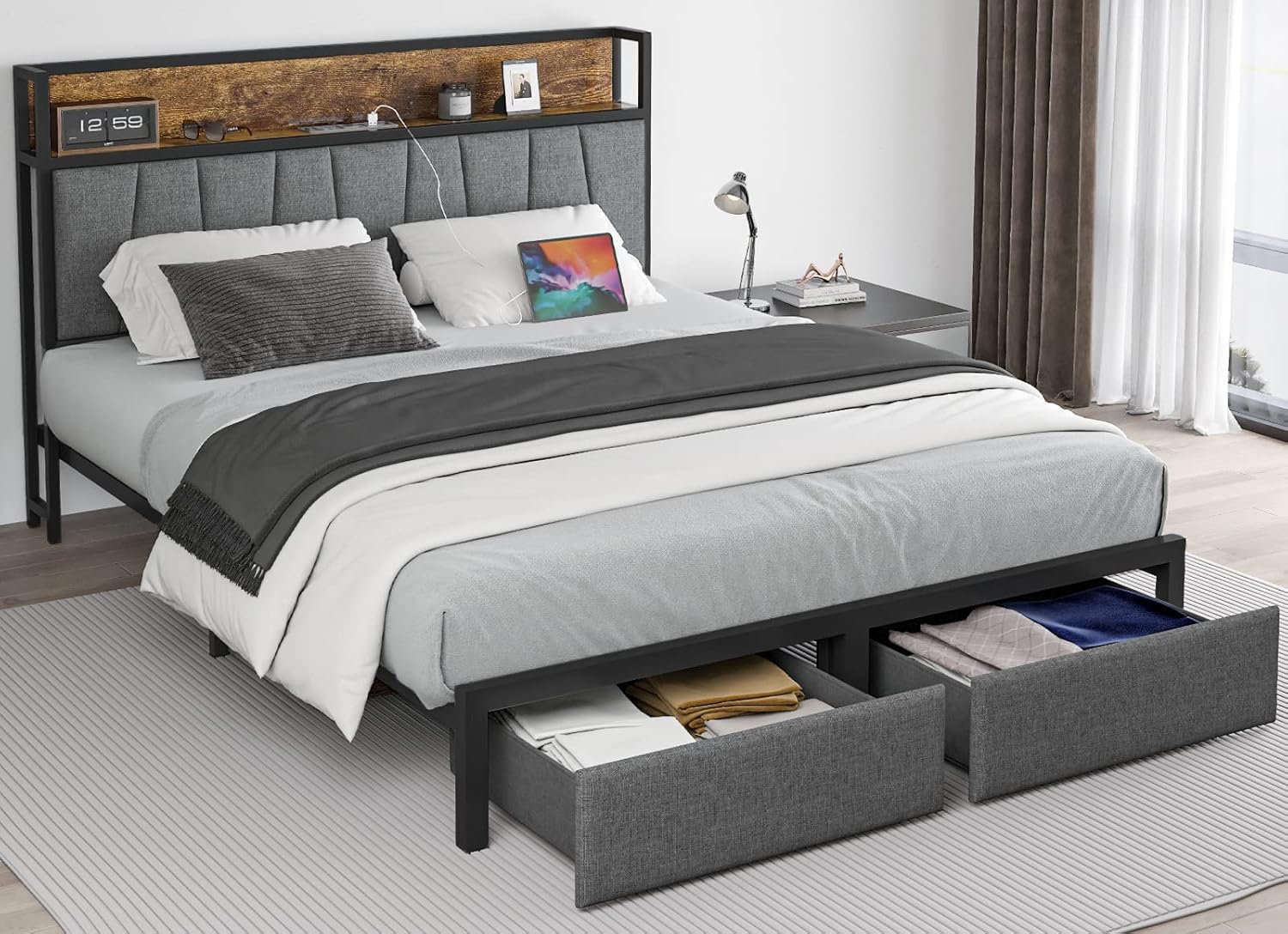 17 Stories Full Size Bed Frame with Headboard and Storage, Drawers ...