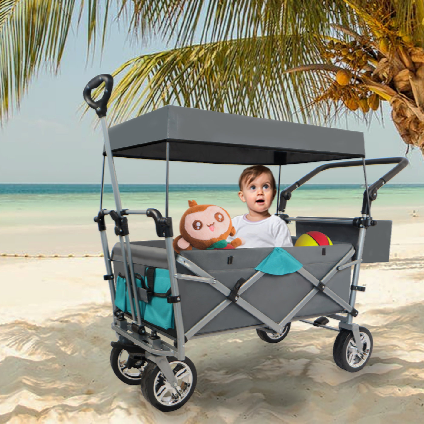GZMWON Push & Pull Utility Folding Wagon With Removable Canopy ...
