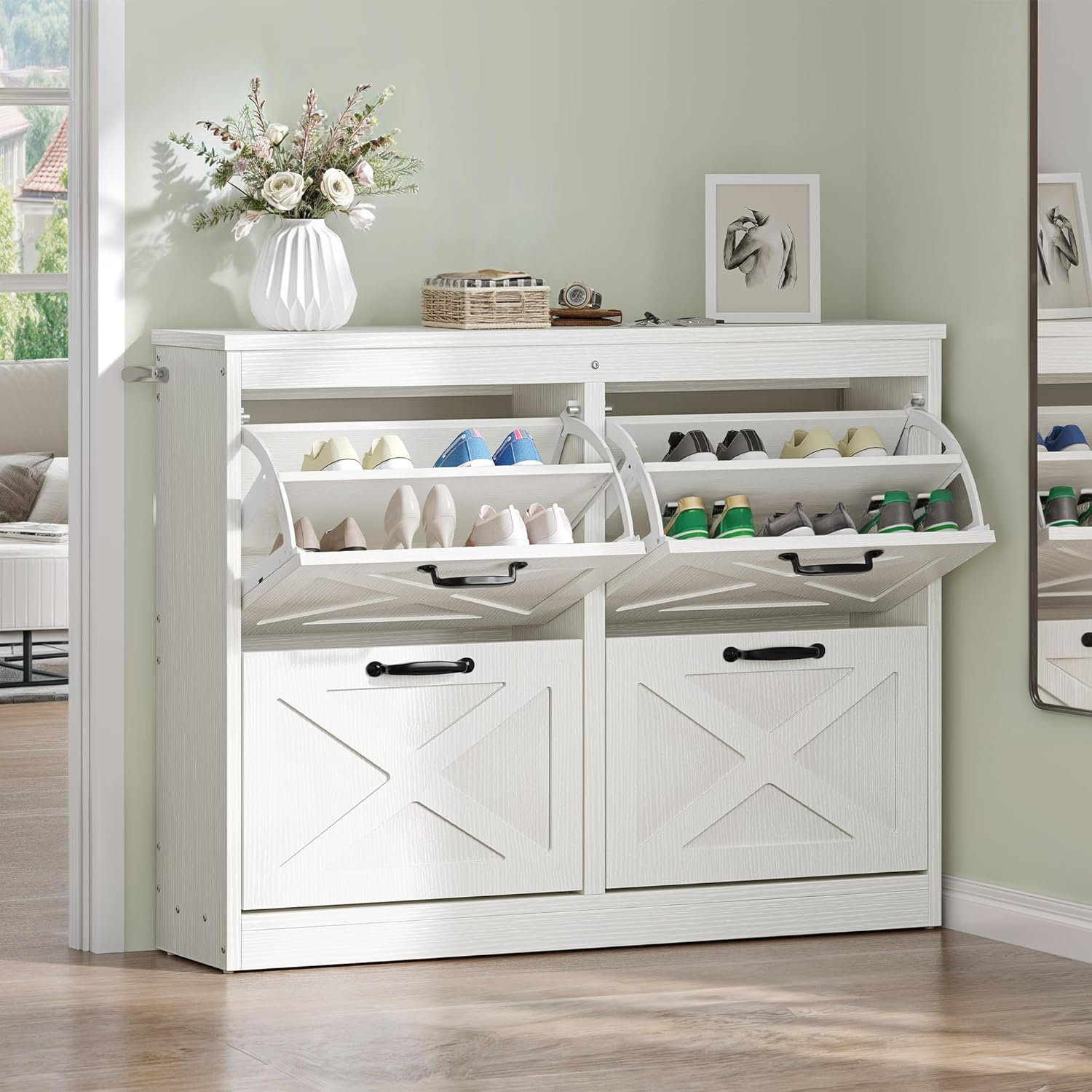 Longshore Tides Shoe Cabinet with 4 Flip Drawers, Freestanding Shoe Rack, Shoe Organizer, Narrow ...