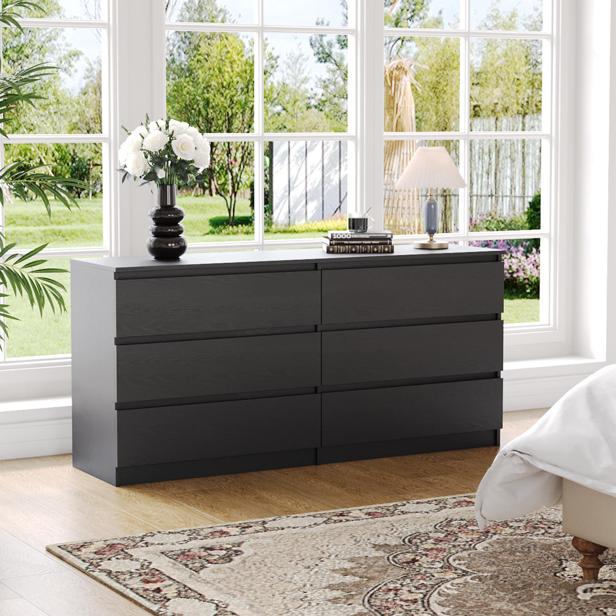 Ebern Designs Ferhan 59" Long Black Modern Dresser For Bedroom, 6 ...