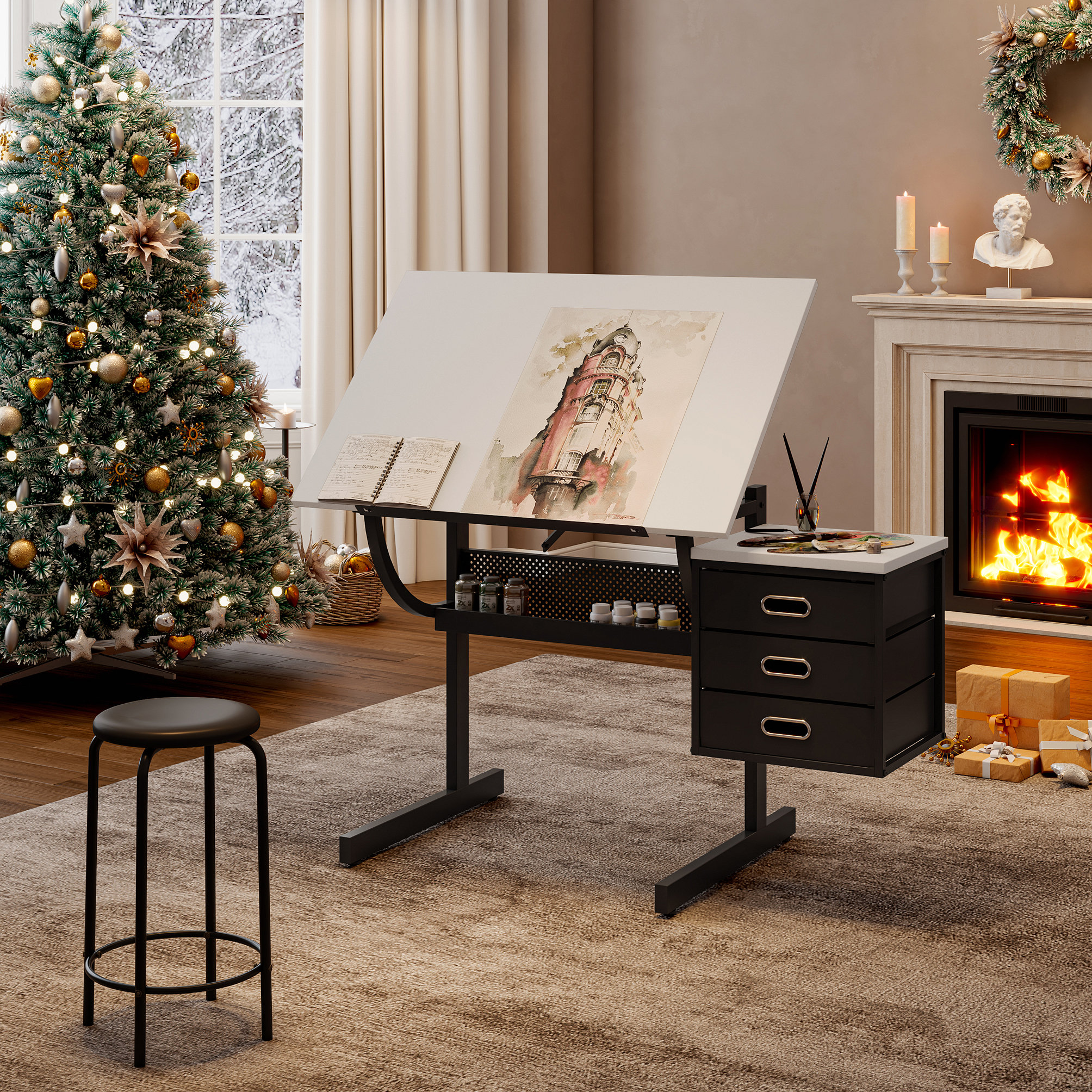 Inbox Zero White Adjustable Drafting Drawing Table With Stool And 3 ...