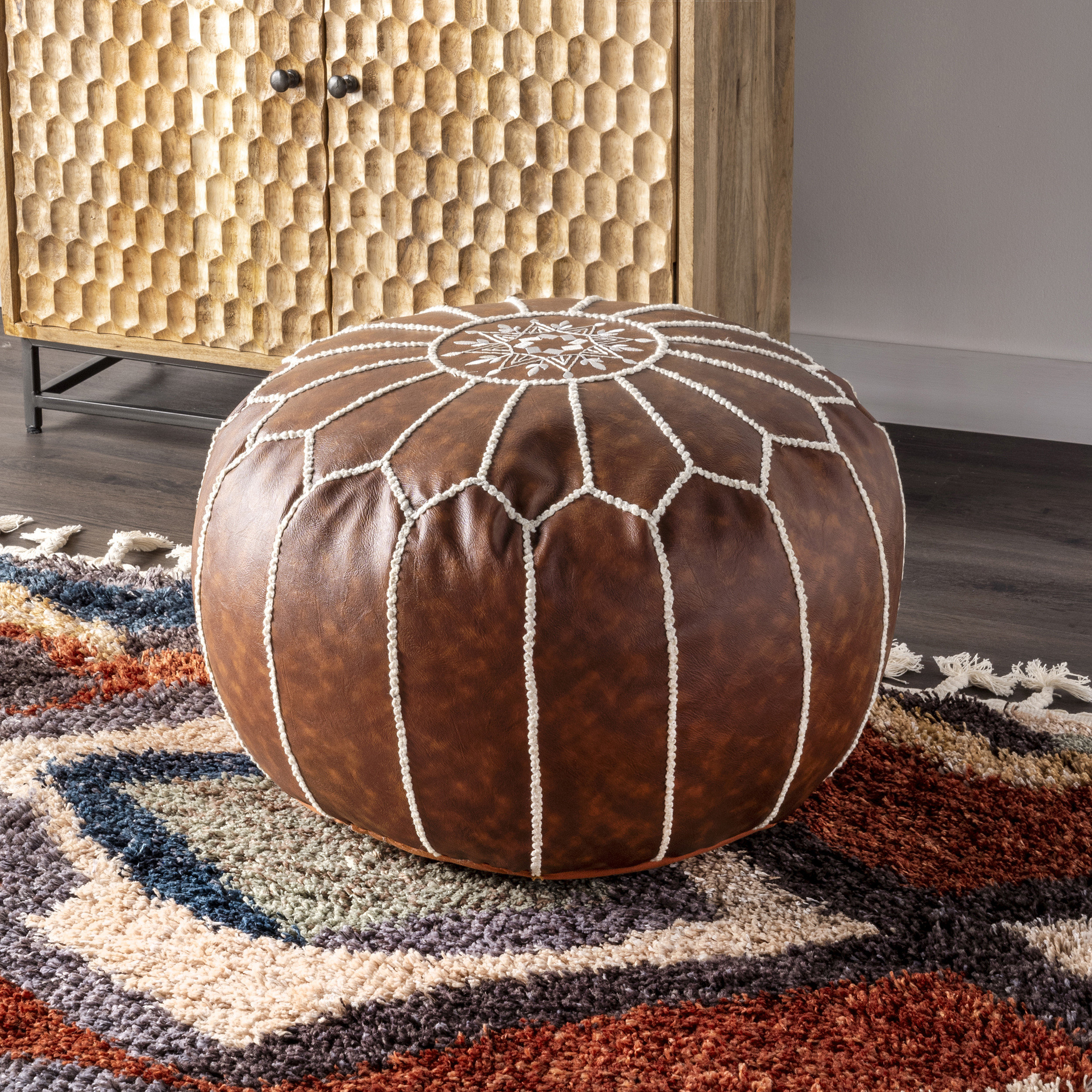Dakota Fields 20" Wide Faux Leather Round Pouf Ottoman & Reviews ...