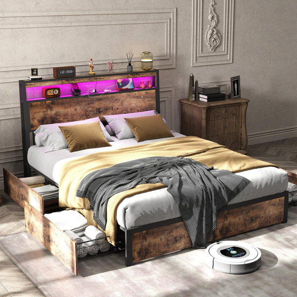 Wrought Studio™ Queen Full Bed 4 Storage Drawers 2 Tier LED Lights ...