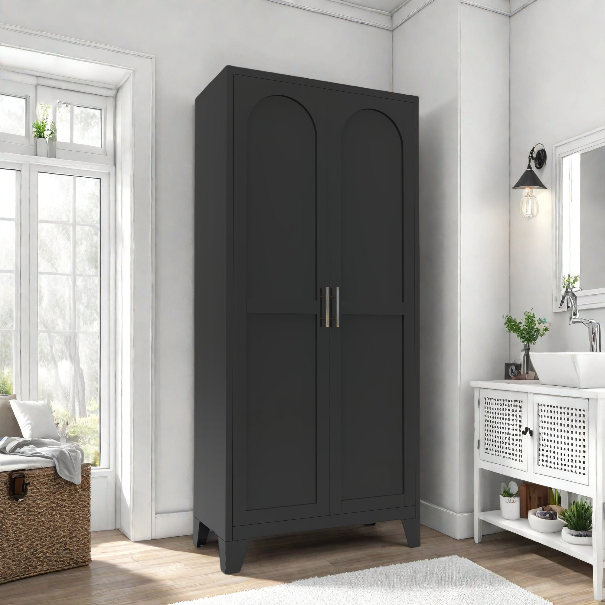 Ebern Designs Multifunctional Metal Pantry With 2 Doors, 4 Adjustable ...