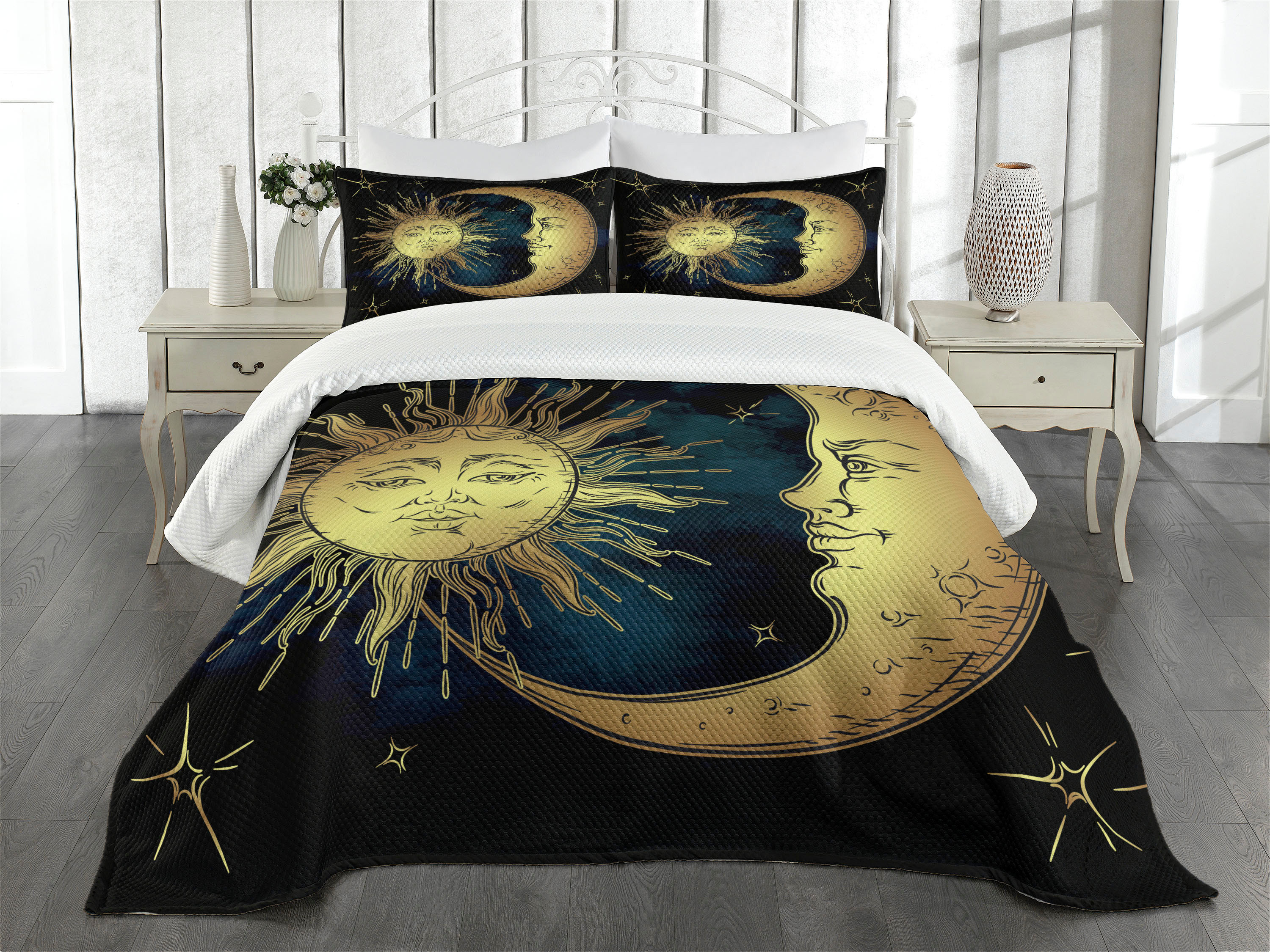 Ambesonne Astrology Bedspread Set Moon and Sun Petrol Blue Yellow | Wayfair