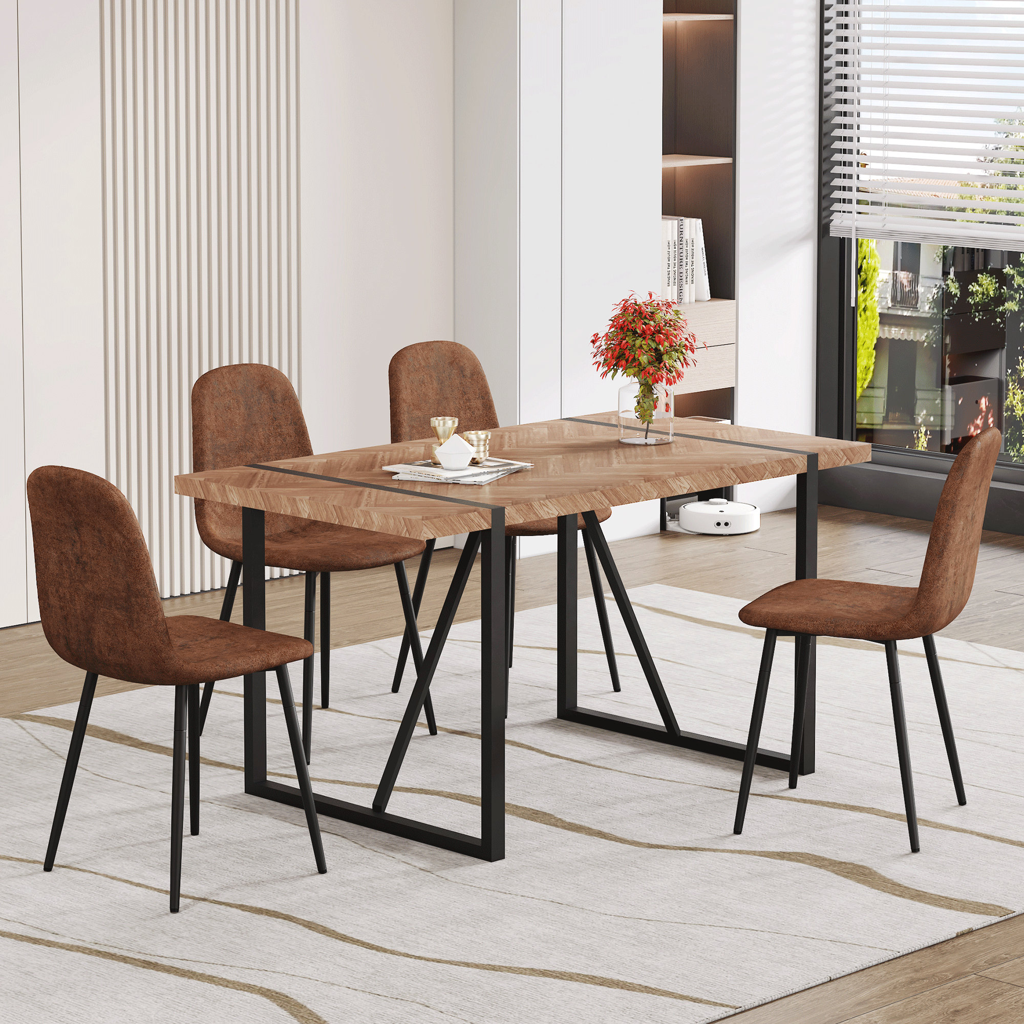 17 Stories Retro Rectangular Dining Table Set With Fishbone-textured ...