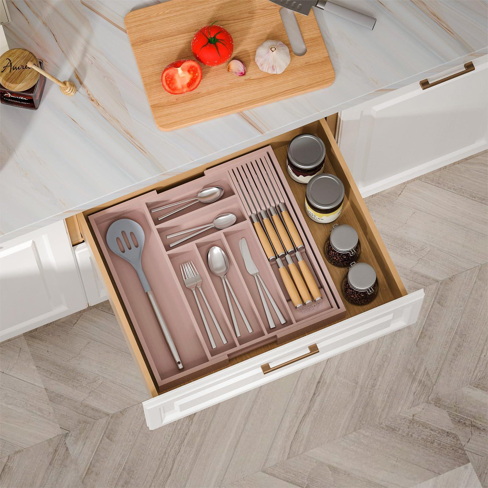 Rebrilliant Bamboo Silverware Drawer Organizer Kitchen, Expandable ...