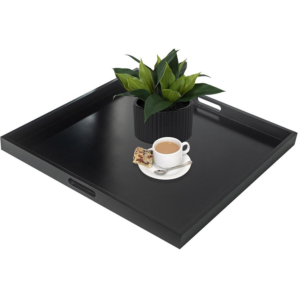 Hokku Designs Square Large Ottoman Tray, Wood Serving Tray With Handle, Modern Extra Large Black ...