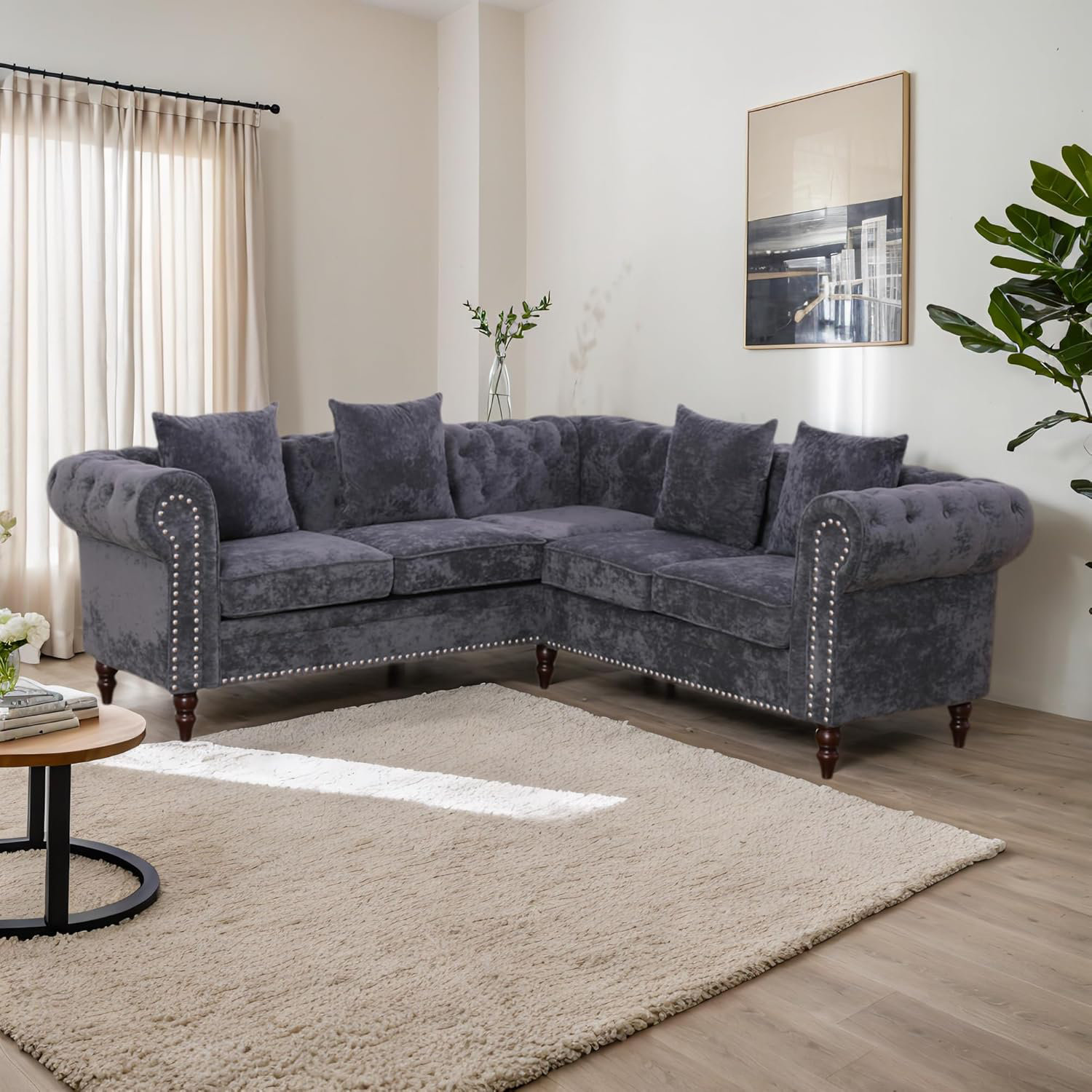House of Hampton® L-Shaped Segmented Sofa, Velvet Sofa, 5-Seater Rivet ...