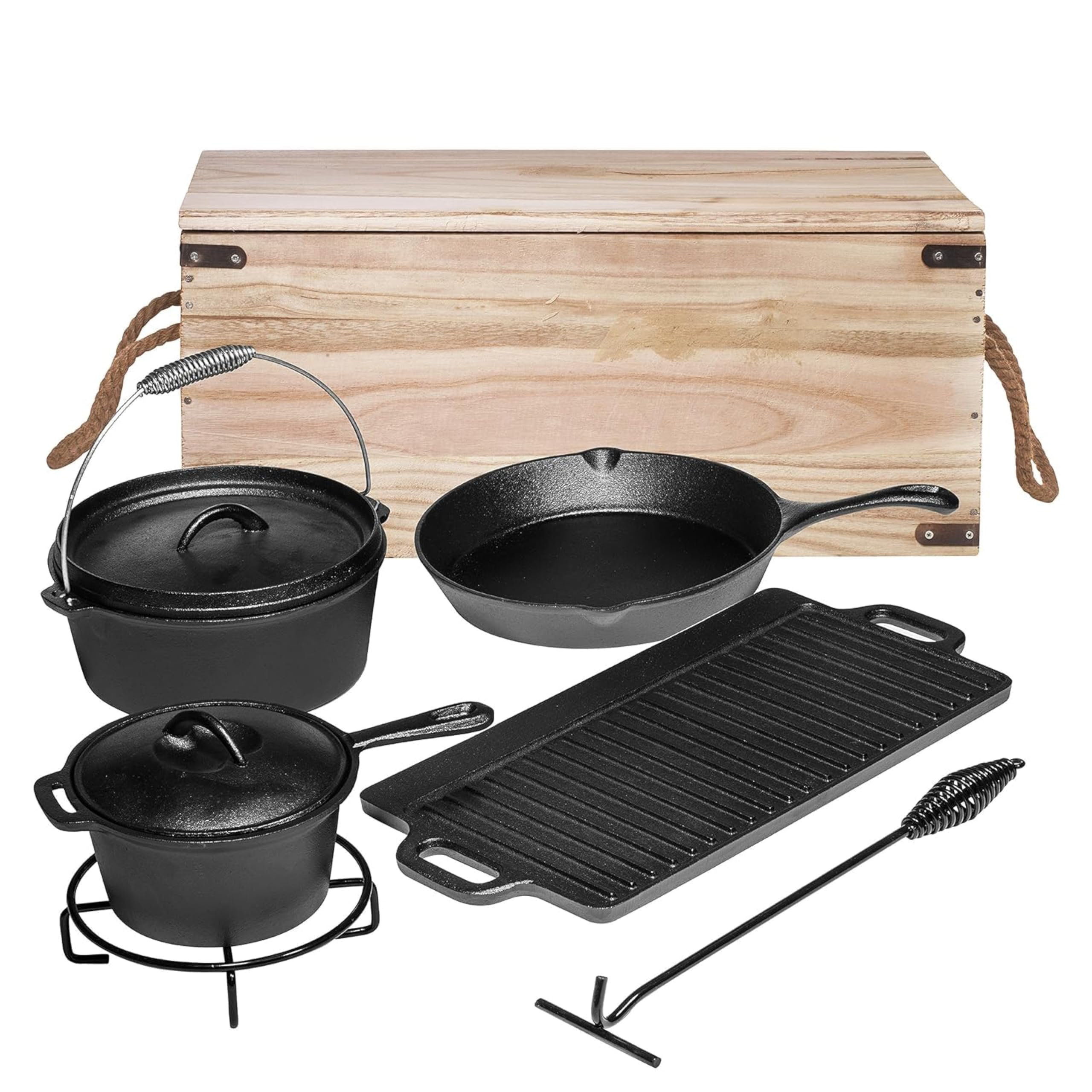 LIFETIME FLOORING LLC Camping Cooking Set Of 7. Pre Seasoned Cast Iron ...