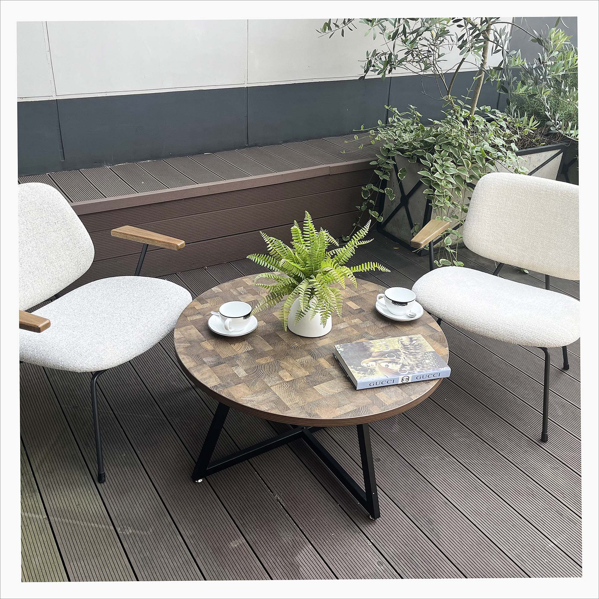 17 Stories Coulter Round Coffee Table Wood Grain and Black Metal | Wayfair