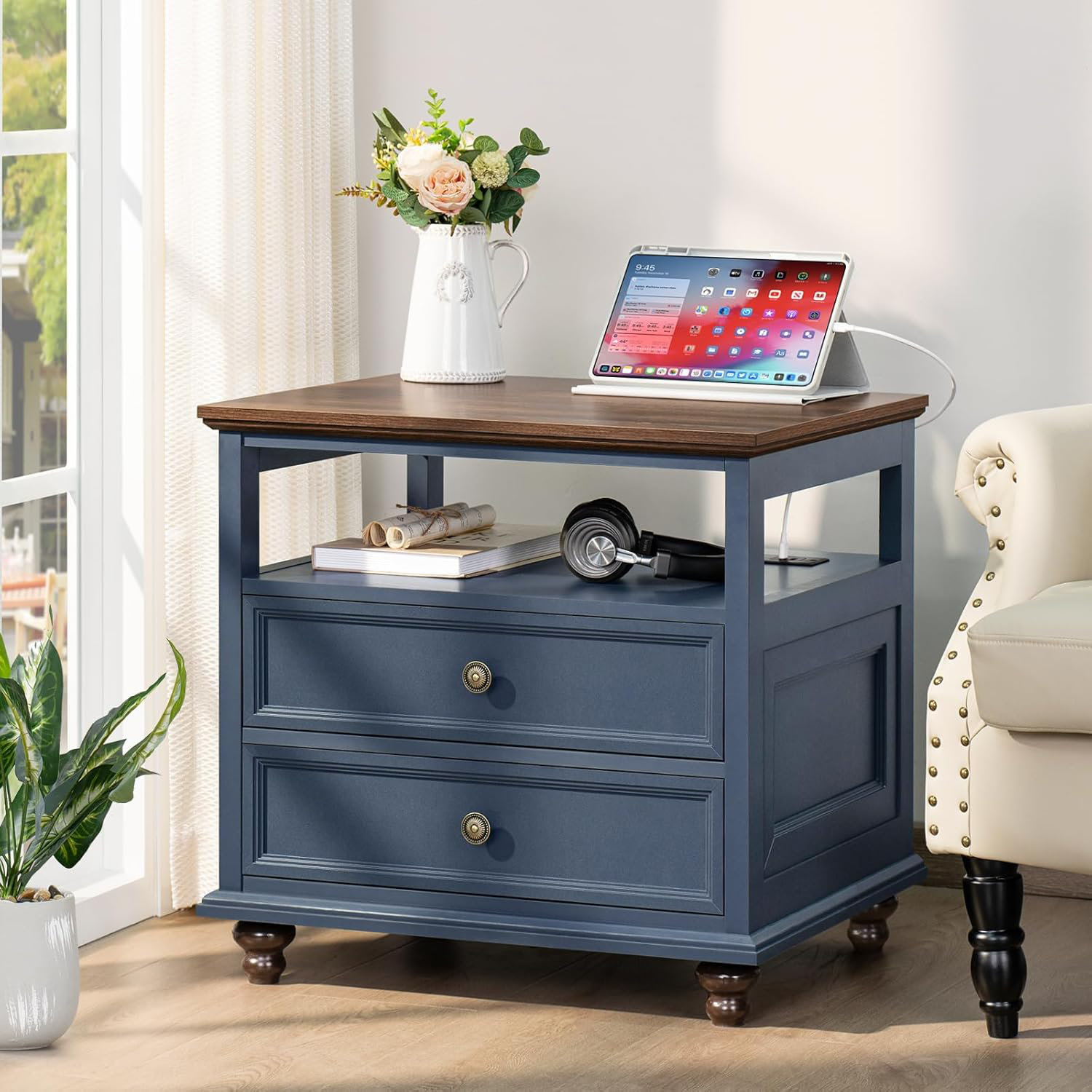Alcott Hill® 24" Wide End Table with 2 Drawers, Blue Dresser for ...