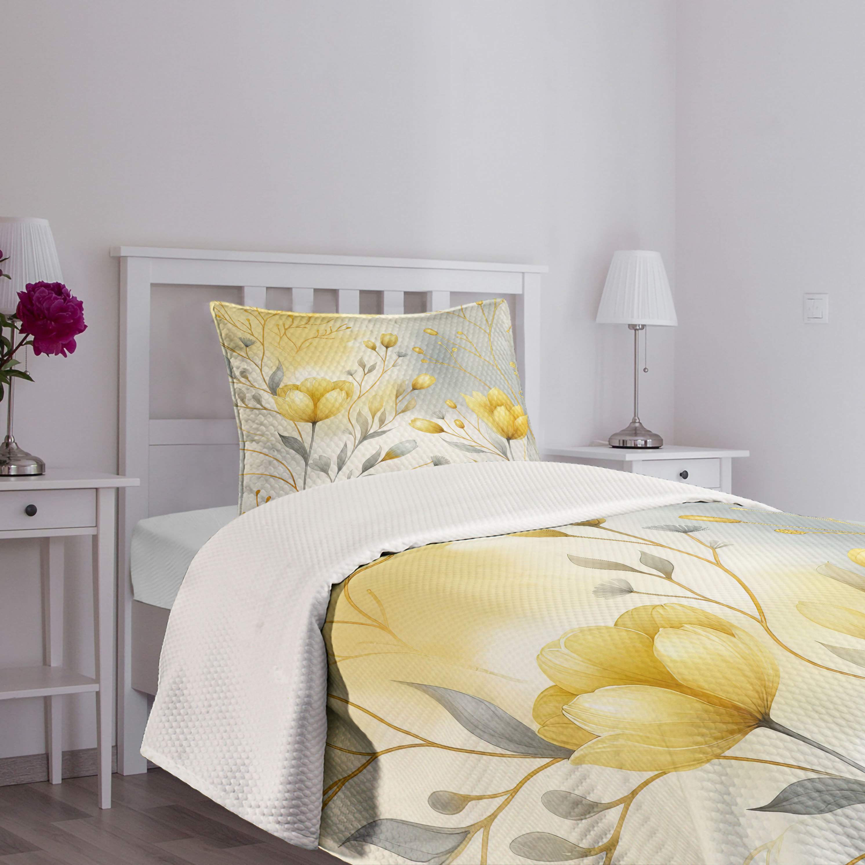 Ambesonne Yellow Bedspread Set Autumnal Flowery Leaves Art Dark Sea ...