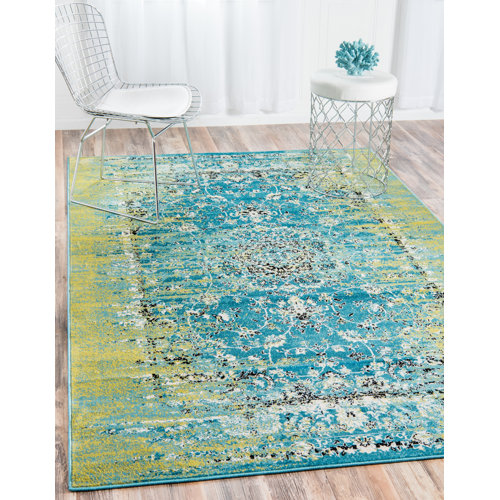 Bungalow Rose Yareli Machine Woven Performance Blue/Green Rug & Reviews ...