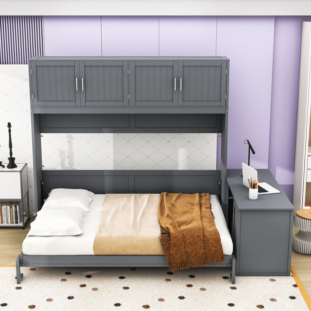 Latitude Run® Queen Wall-Mounted Murphy Bed with Desk, Storage Cabinets ...