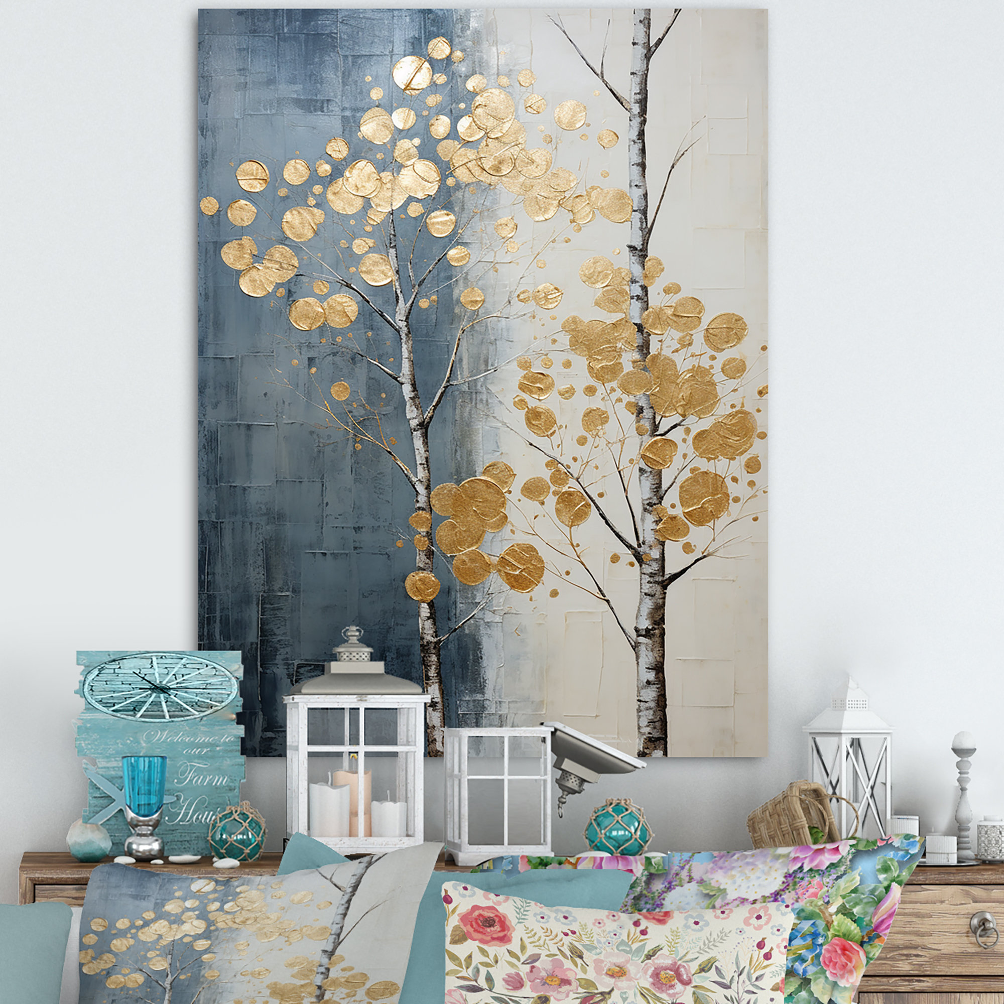 Winston Porter Minimalism Gold and Blue Trees Scene II Framed On Canvas ...