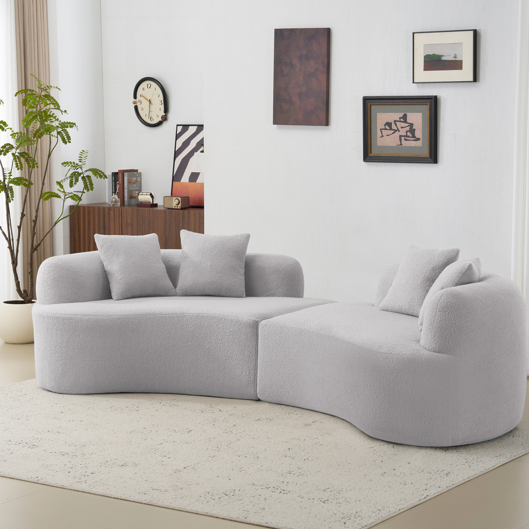 Everly Quinn Four Seater Curved White Couch, Fabric Upholstery, Spring ...