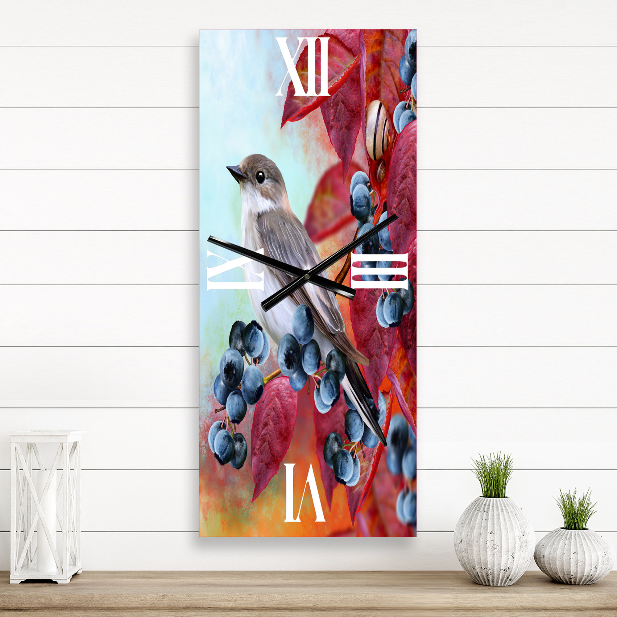 East Urban Home Little Gray Bird on Red Autumn on Blueberry Twig ...