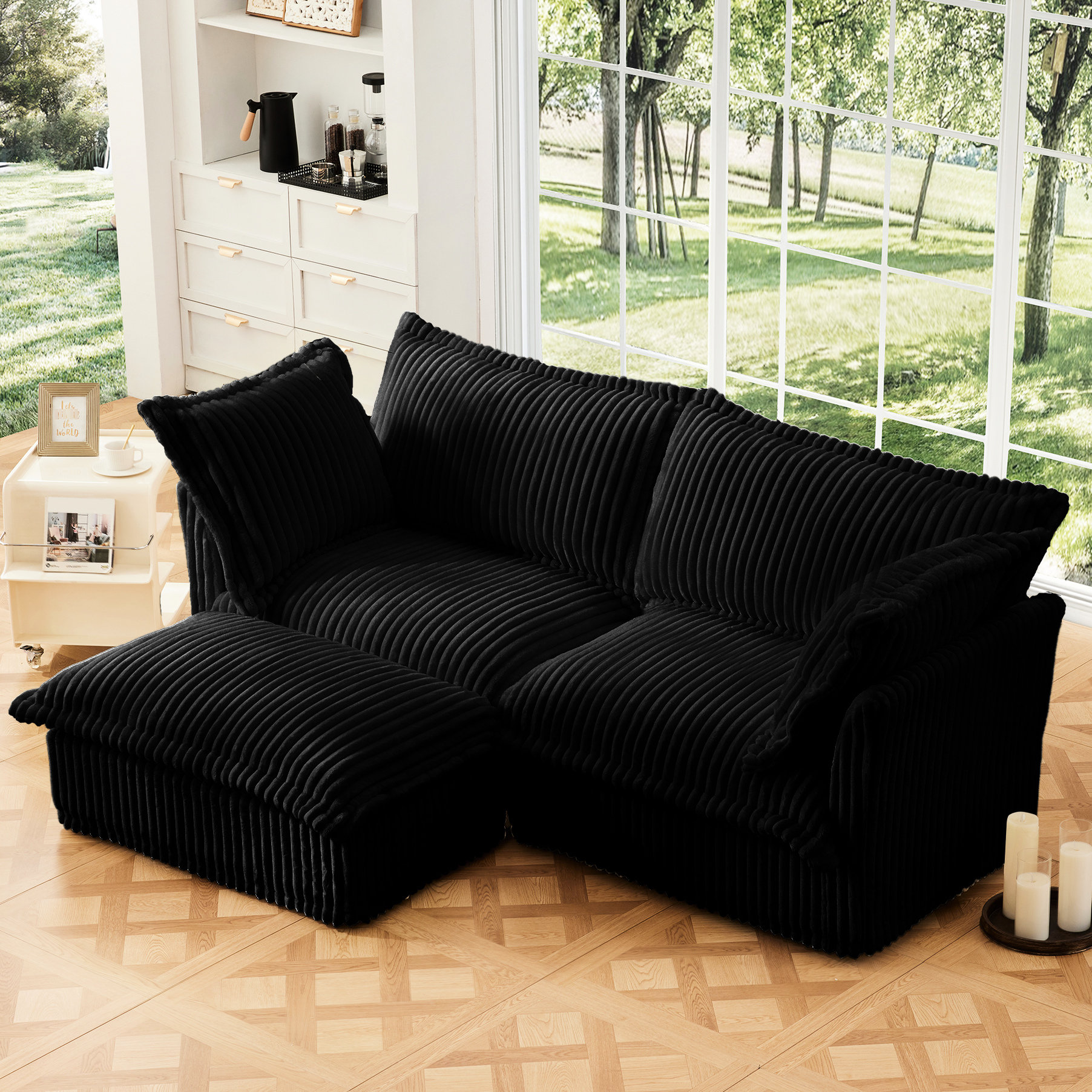 Mercer41 2 Seater Couch, Black Corduroy, Detachable Cover, Convertible ...