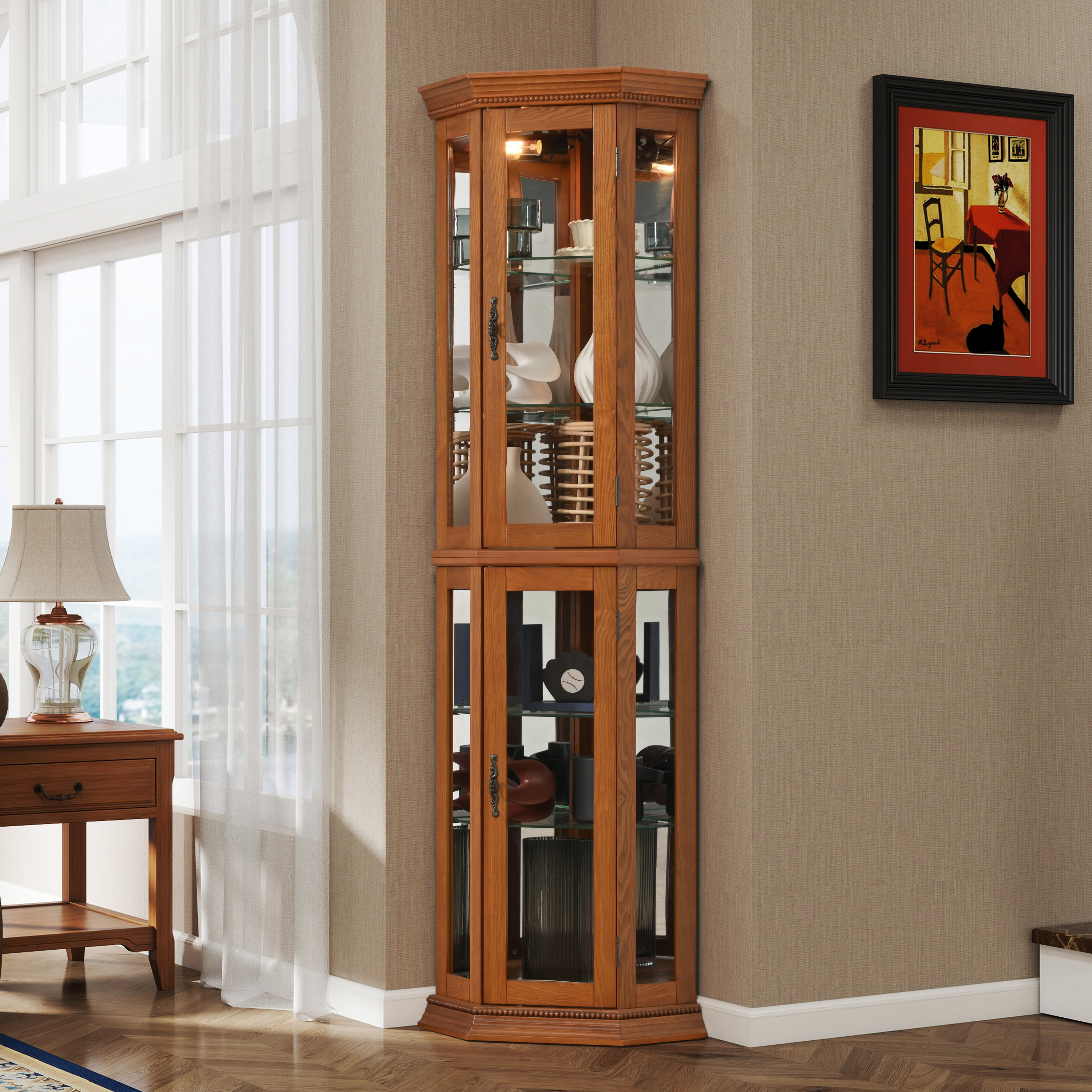 Winston Porter Vitrine de coin avec lumières, tablettes réglables en ...