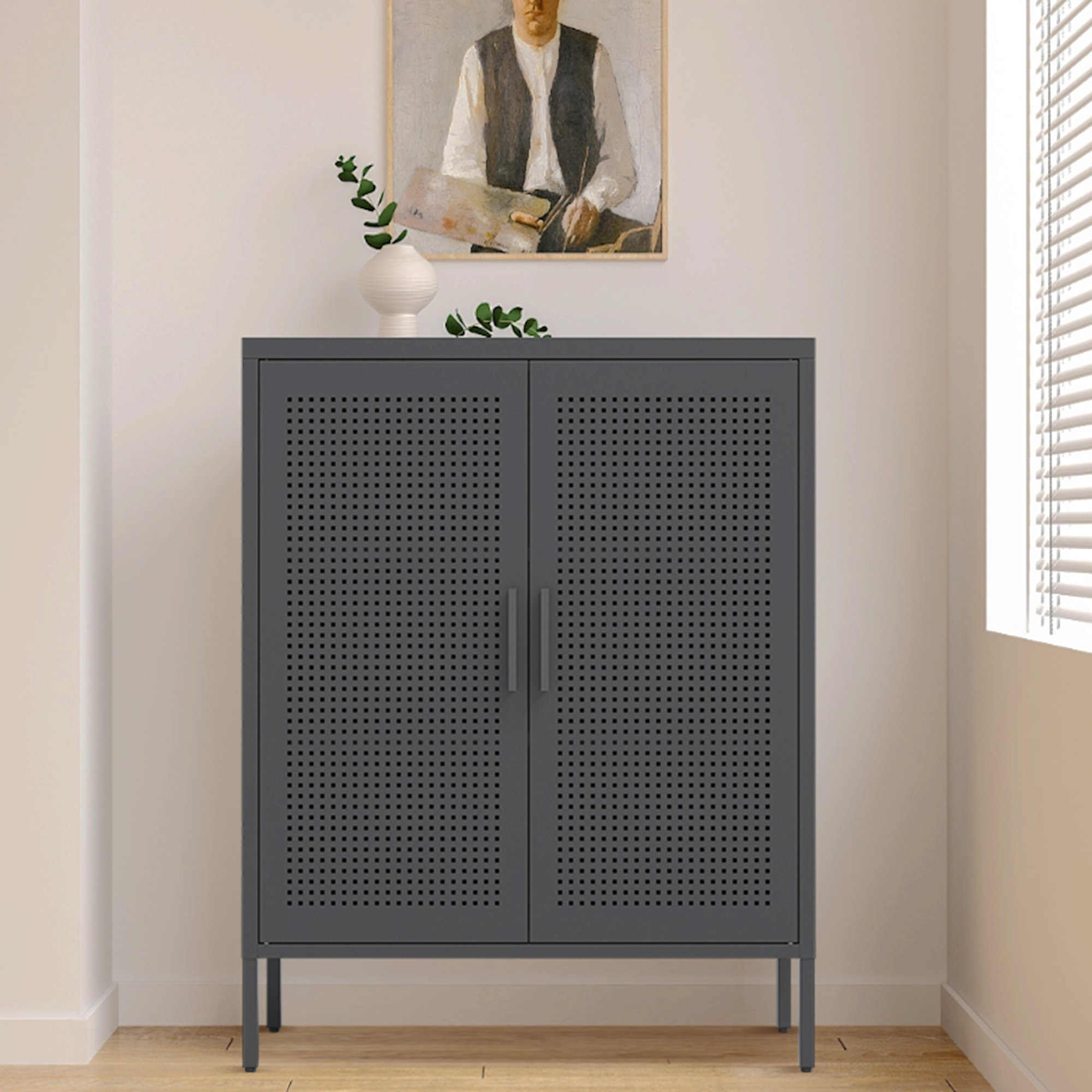 Ebern Designs Metal Sideboard Cabinet With 2 Grid Design Doors, Multi ...