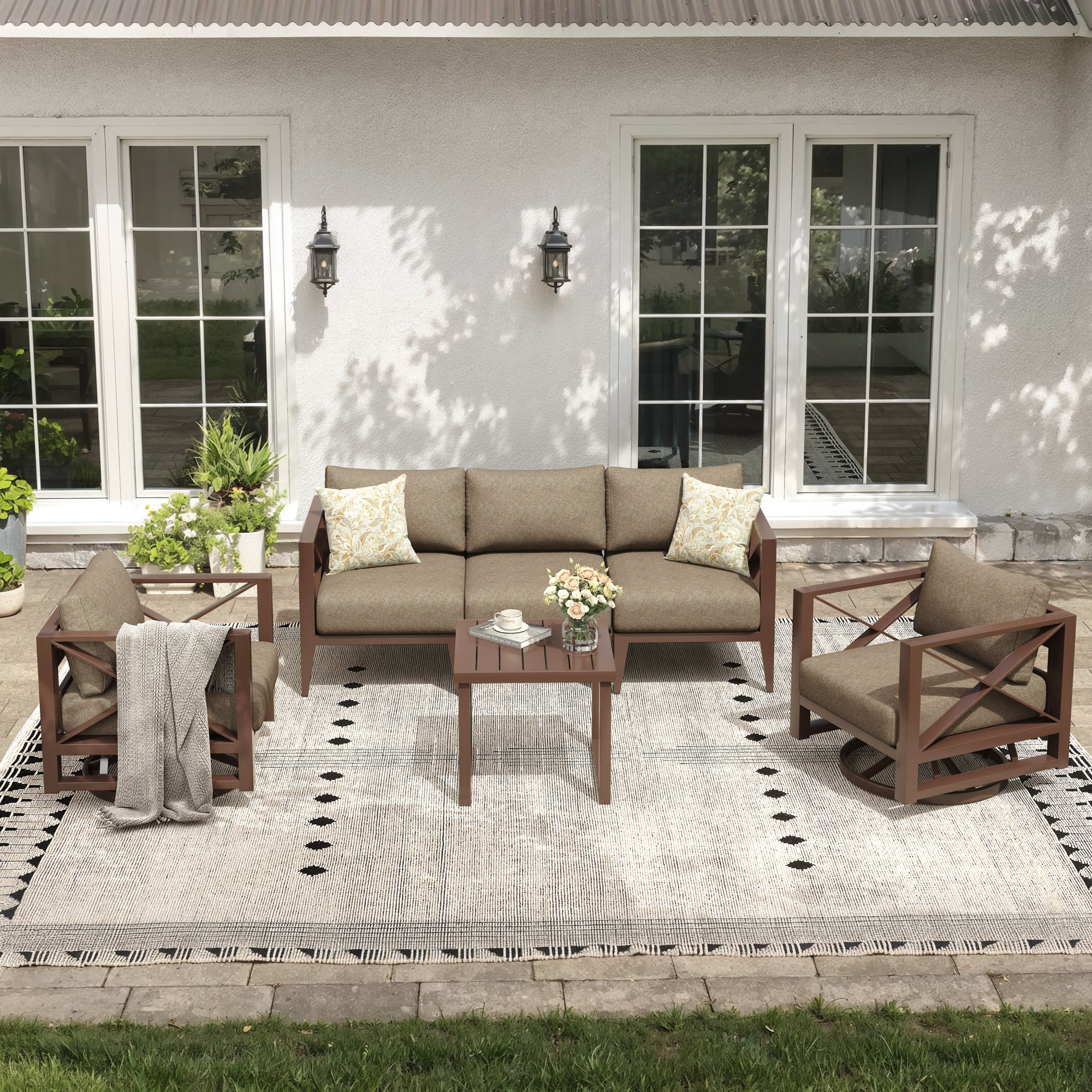 Gracie Oaks 5 - Person Outdoor Aluminum Conversation Set with Swivel ...