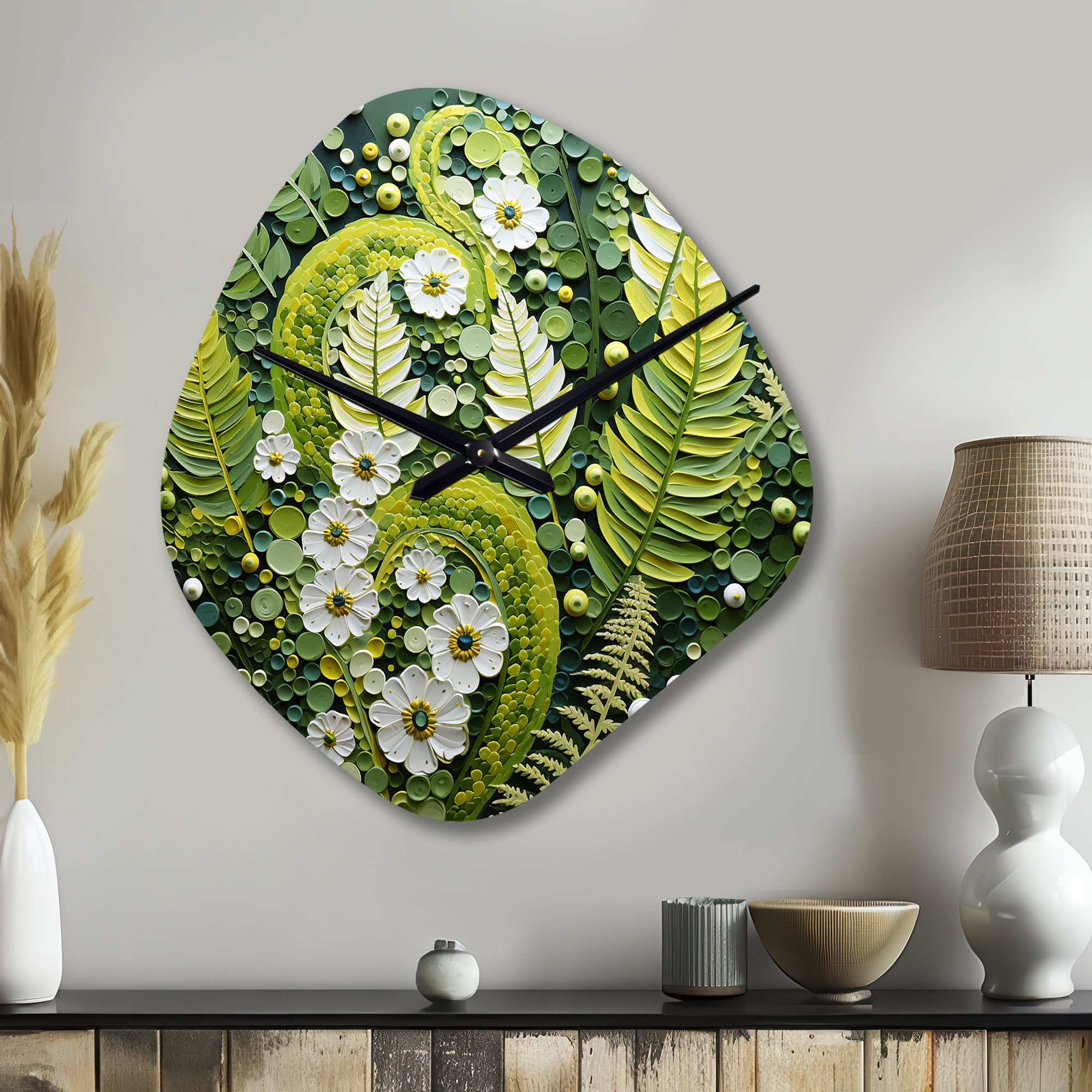 Design Art Light Green Ferns Plant Whimsical Spirals I - Unique Shape ...