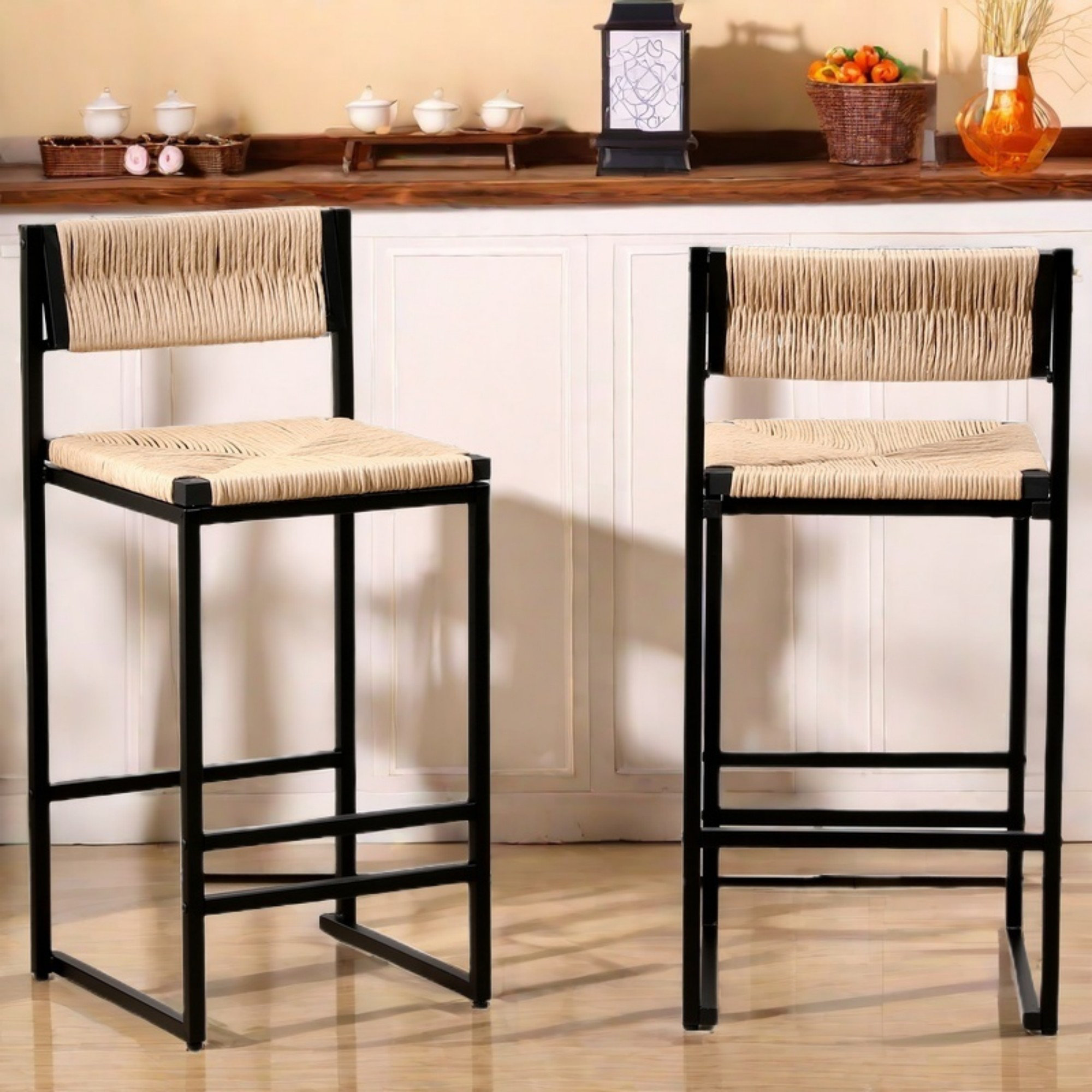17 Stories Sansoucy Of 2 Bar Stools Paper Rope Weave Dining Chairs And ...