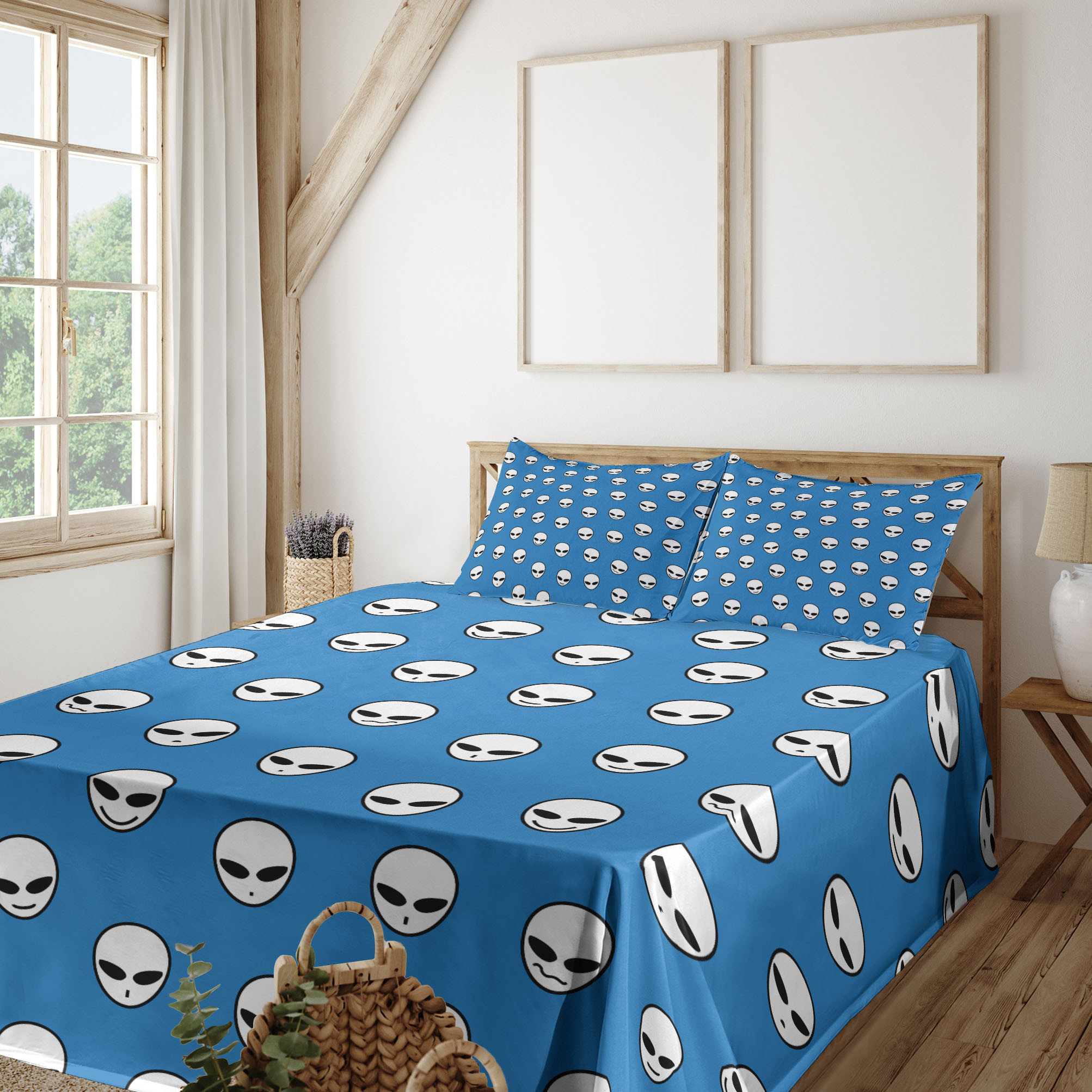 Ambesonne Alien Sheet Set Extra-Terrestrials on Blue Deep Sky Blue and ...