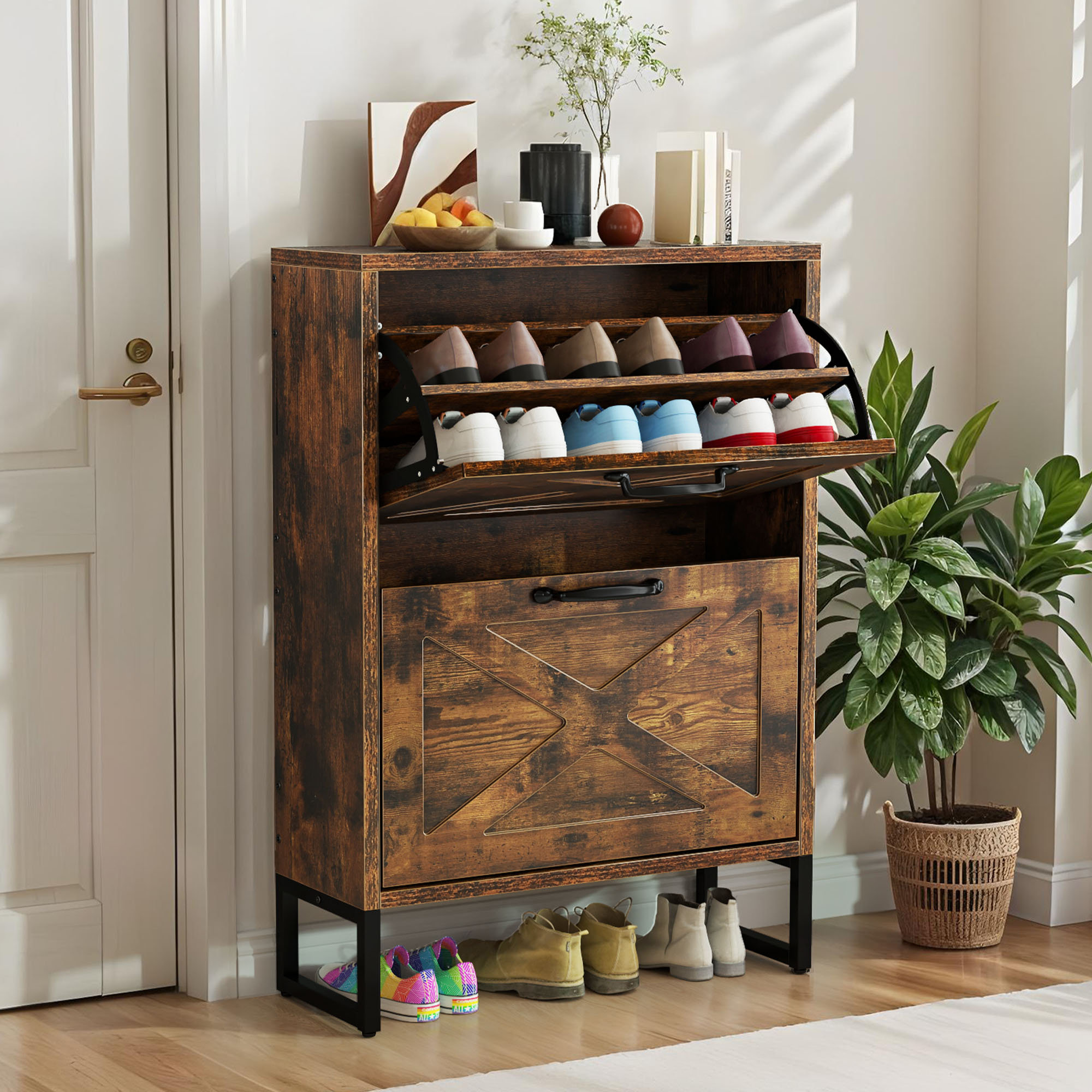 17 Stories Farmhouse Flip Drawer Shoe Cabinet with Metal Legs for ...