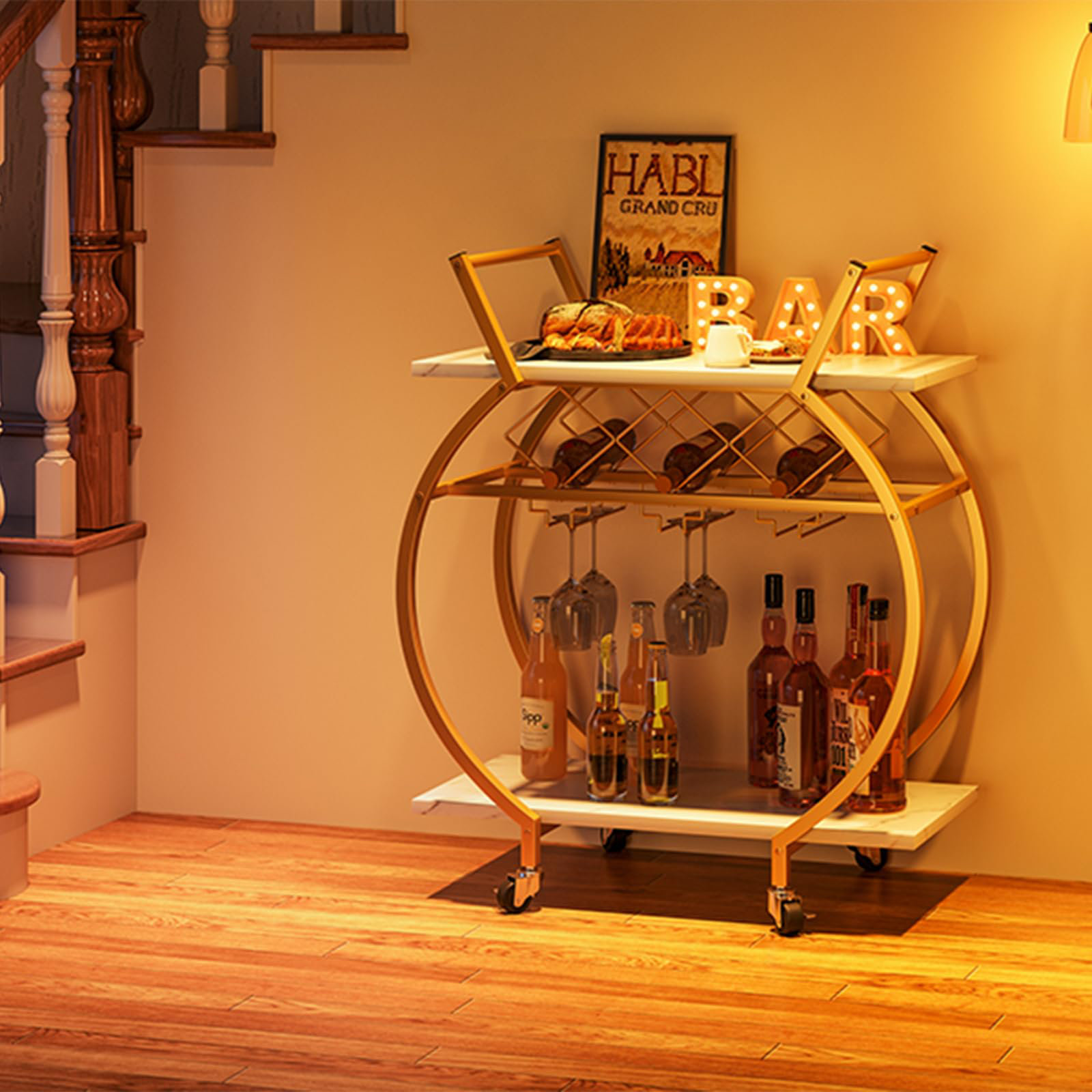 Everly Quinn Golden Marble Tiered Bar Cart, 2 Tiers Rolling Modern ...