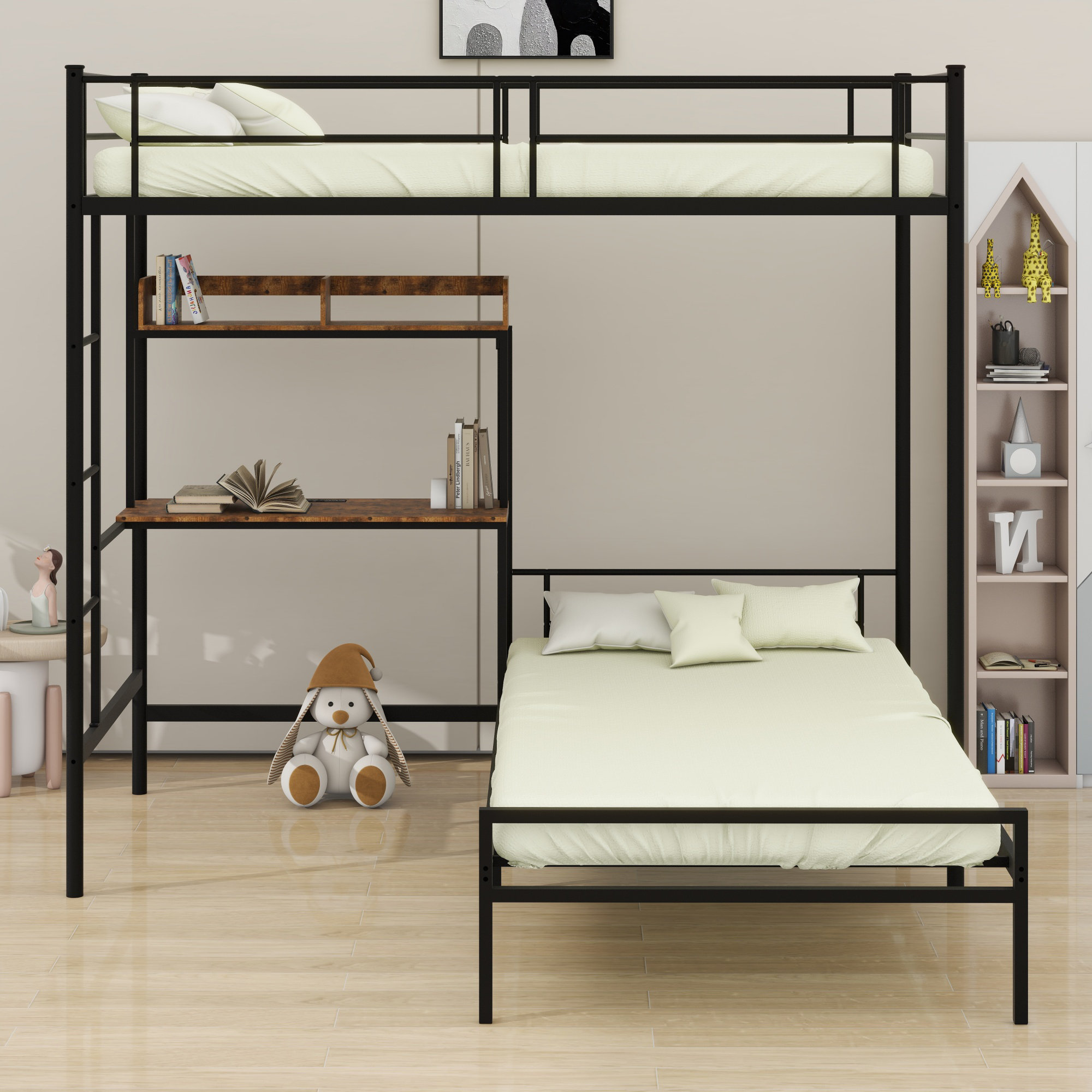 Wrought Studio™ Bunk Bed With Study Desk,Charging Hub, Shelves ...