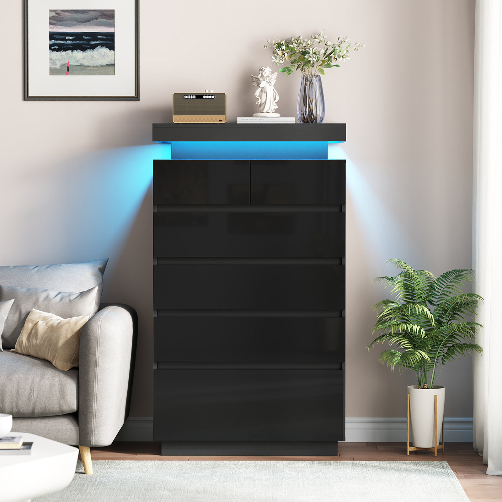 Wrought Studio™ Tall Dresser With Led Lights, Glossy Wood Dresser With ...