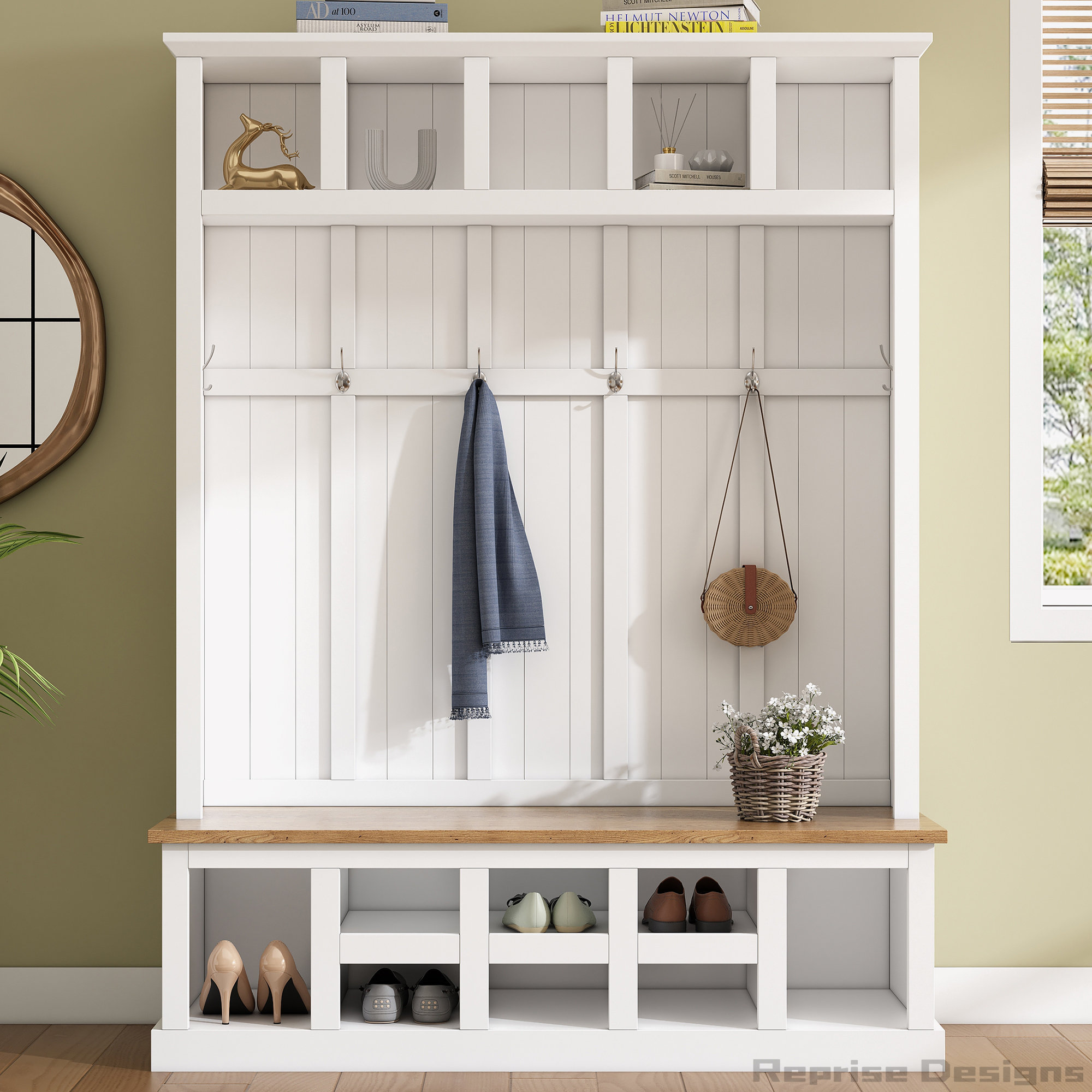 Rosalind Wheeler 59''W Farmhouse Wooden Hall Tree with 13 Compartments ...