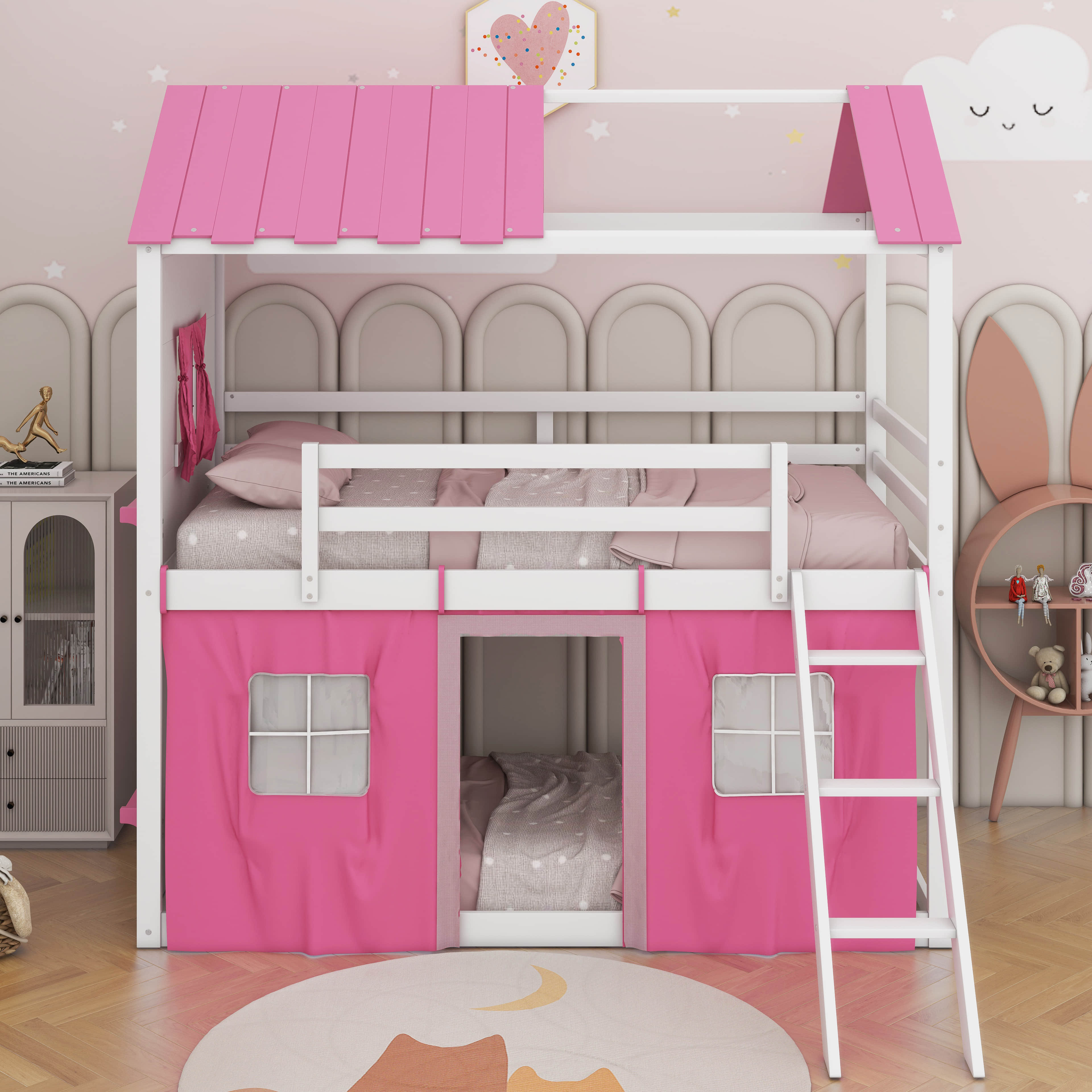 Harper Orchard Bunk Wood House Bed With Elegant Windows, Sills And Tent ...