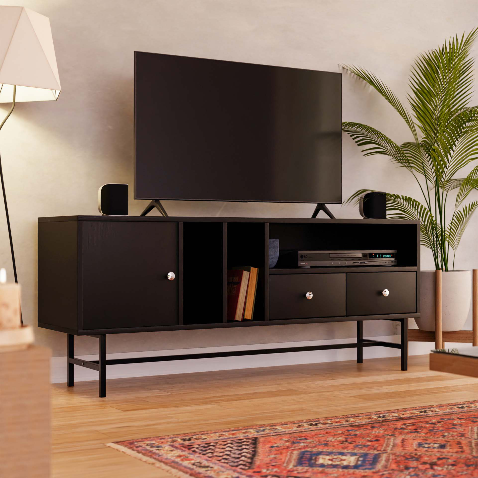 17 Stories Talos 2-Drawer 4-Shelf TV Stand Credenza with Iron Legs for ...
