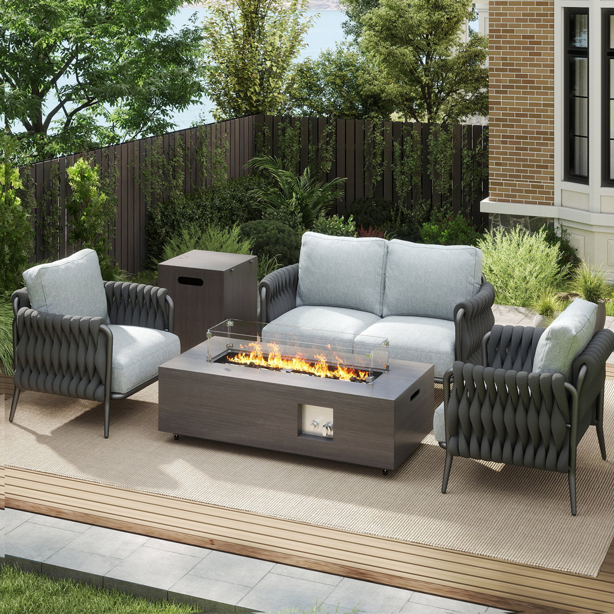 Keenso Outdoor 4-seater Sofa Set With 50,000 Btu Fire Pit Table ...