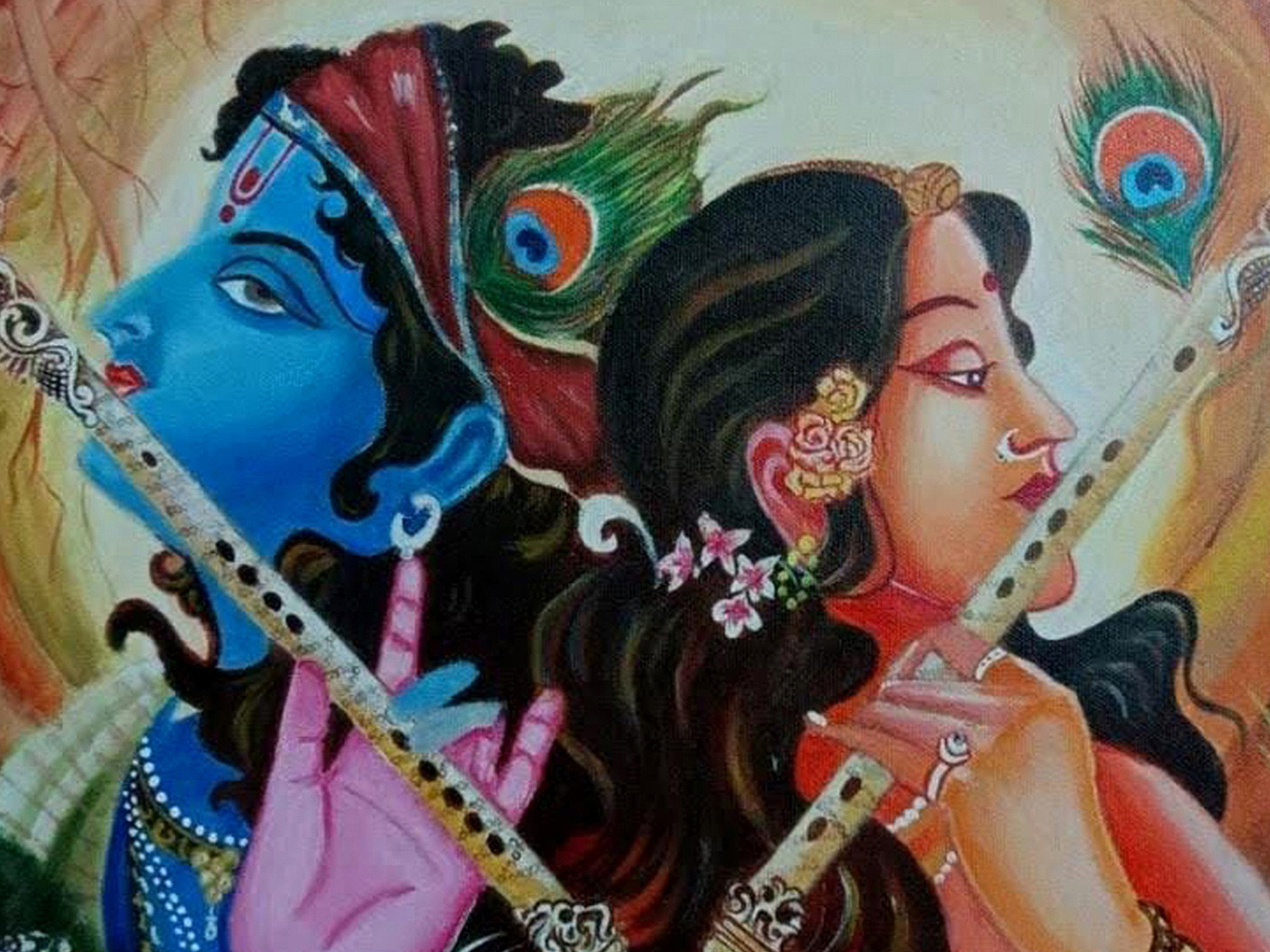 Exotic India Radha Krishan Playing Flute Together | Acrylic Color ...