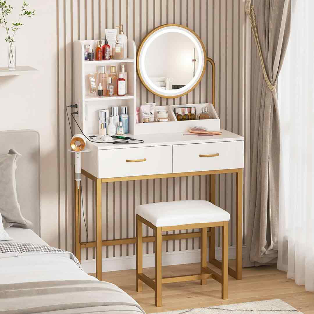 Everly Quinn Makeup Vanity Desk With Round Mirror And Lights, Vanity Makeup Table With Hair ...