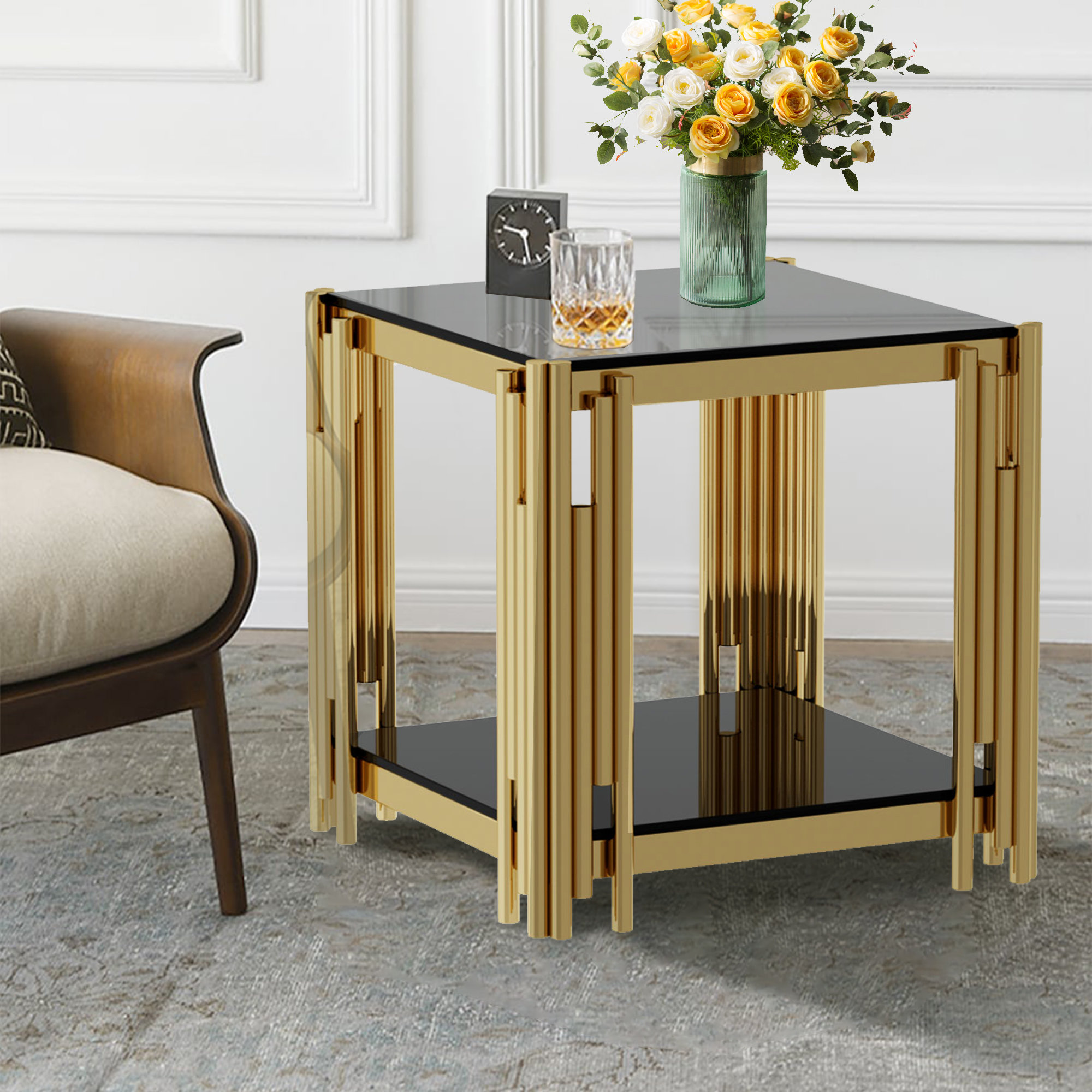 Mercer41 19.69"Glass Top End Table, Square Side Table With Gold Legs ...