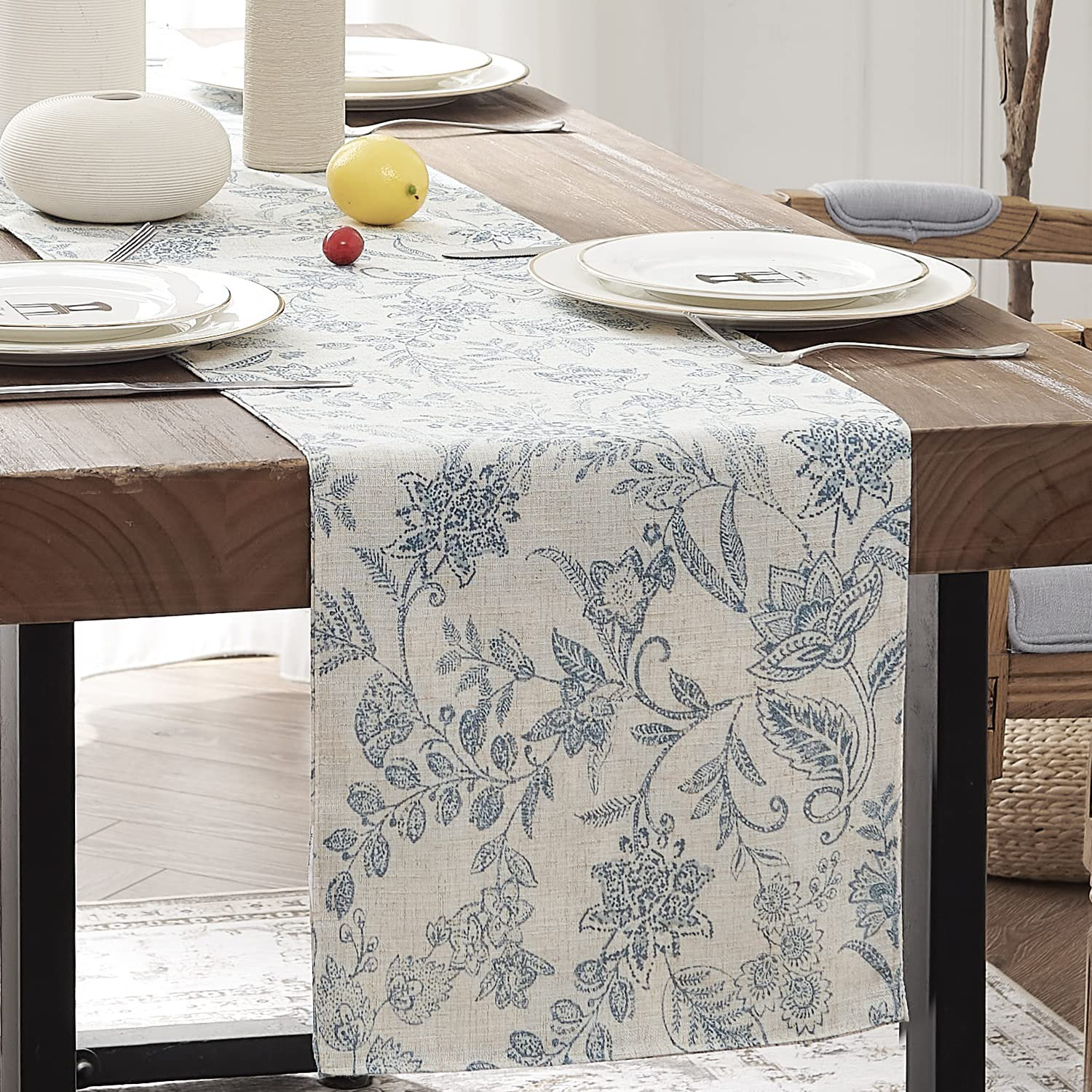 Lark Manor™ Spring Table Runner Linen Farmhouse Table Cloth Blue Floral ...